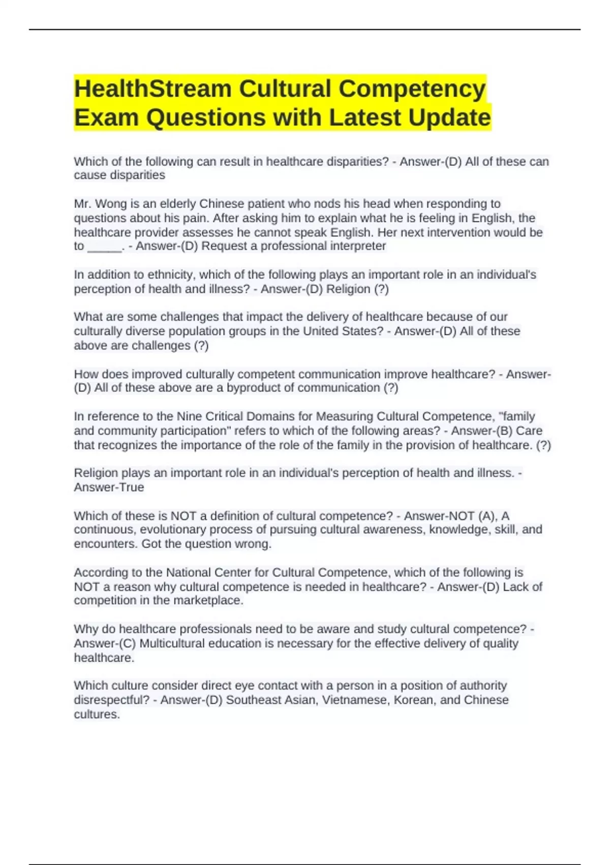 HealthStream Cultural Competency Exam Questions with Latest Update ...