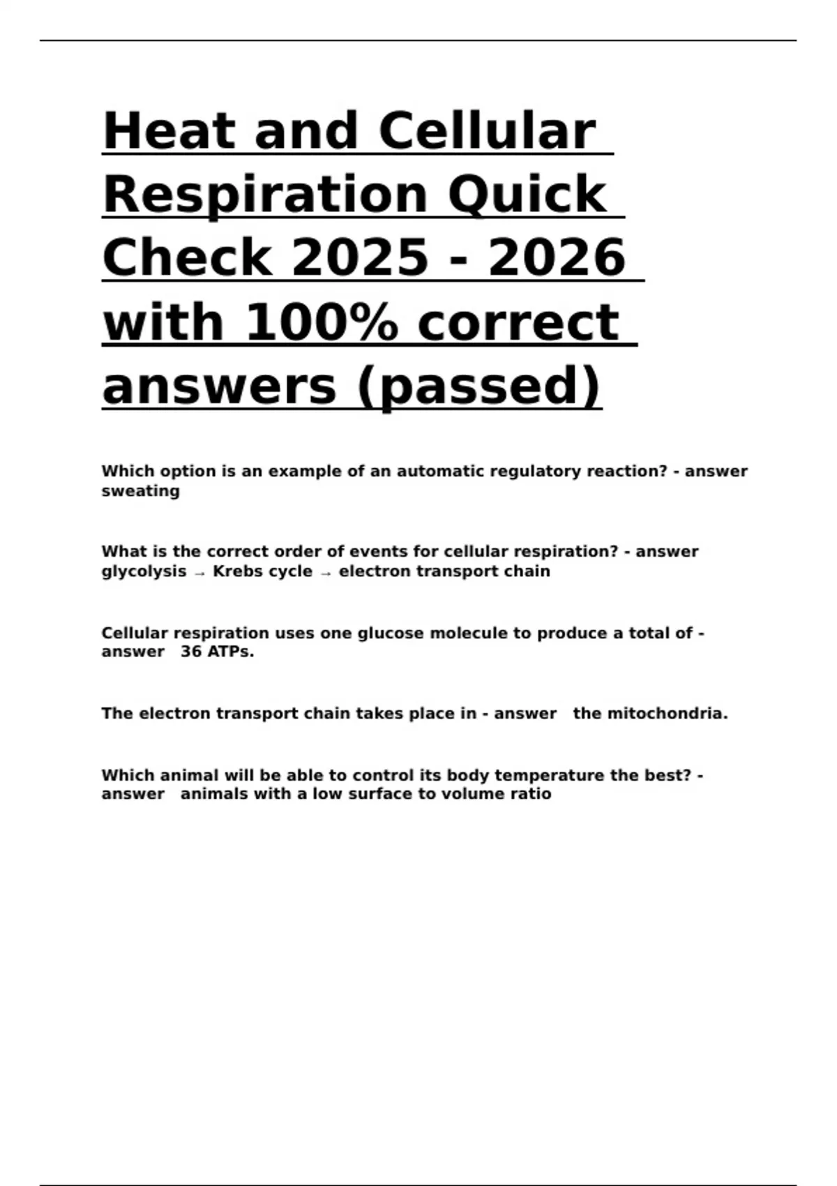 Heat and Cellular Respiration Quick Check with 100- correct answers ...