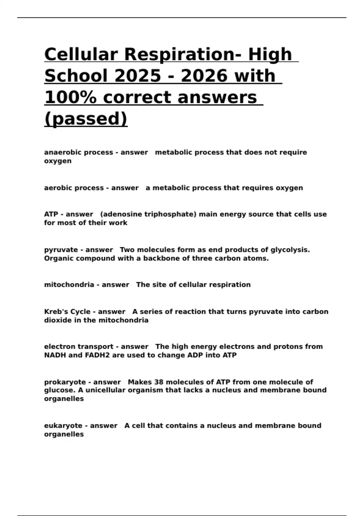 Cellular Respiration- High School with 100- correct answers (passed ...