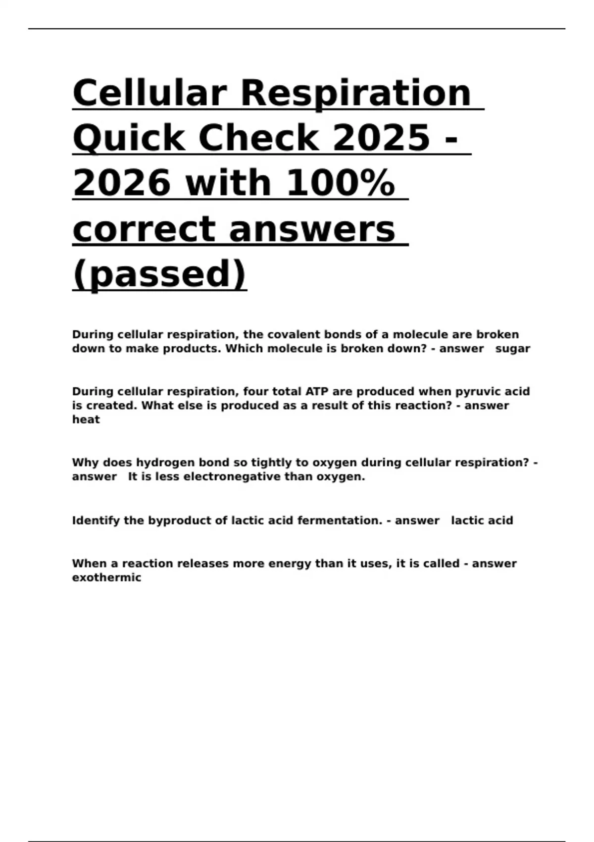 Cellular Respiration Quick Check with 100- correct answers (passed ...