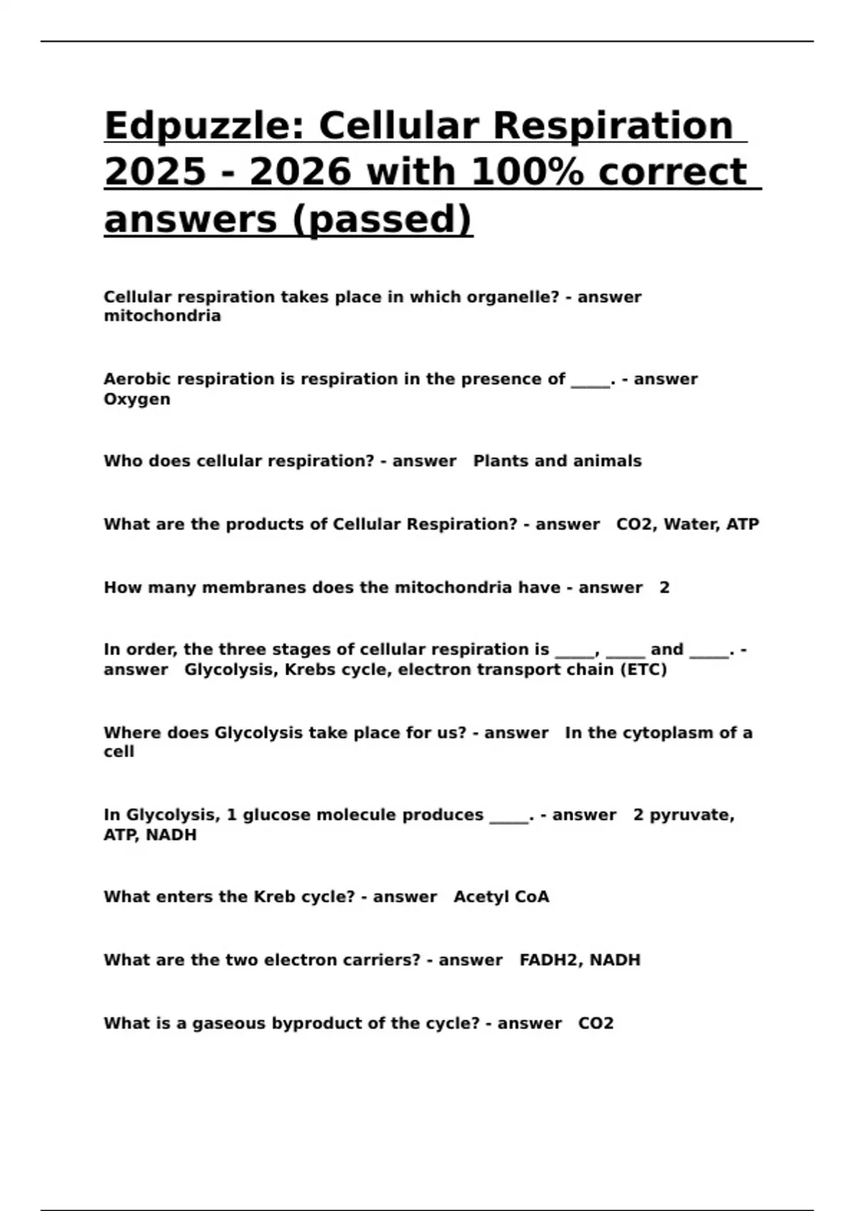Edpuzzle Cellular Respiration with 100- correct answers (passed ...