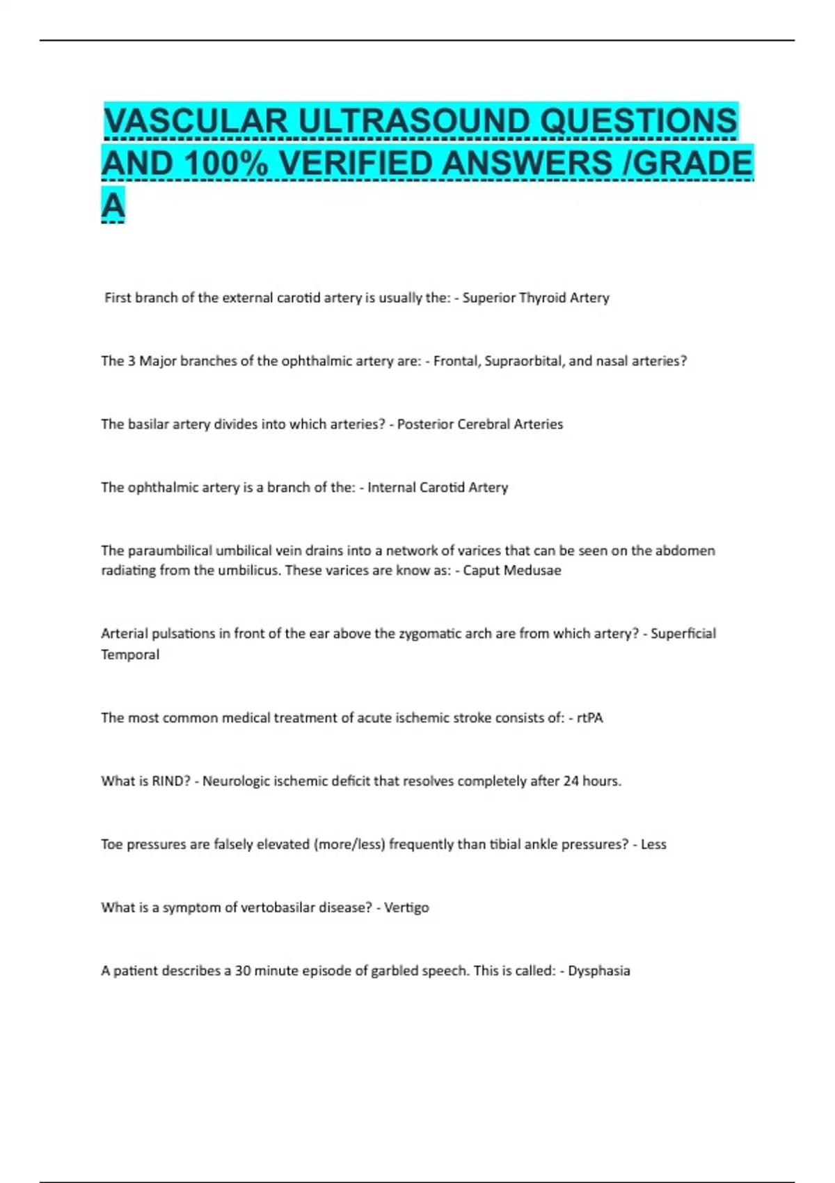 Vascular Ultrasound Questions - Vascular Ultrasound - Stuvia US