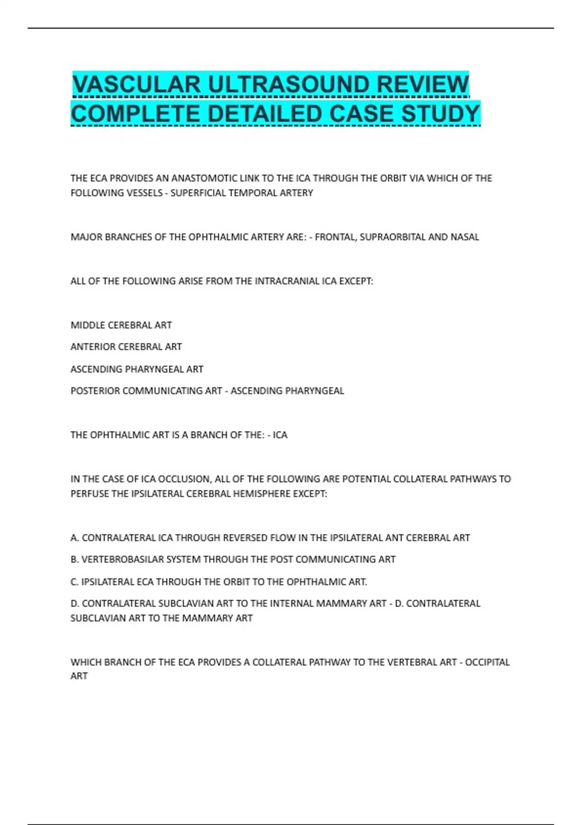 VASCULAR ULTRASOUND REVIEW - VASCULAR ULTRASOUND - Stuvia US