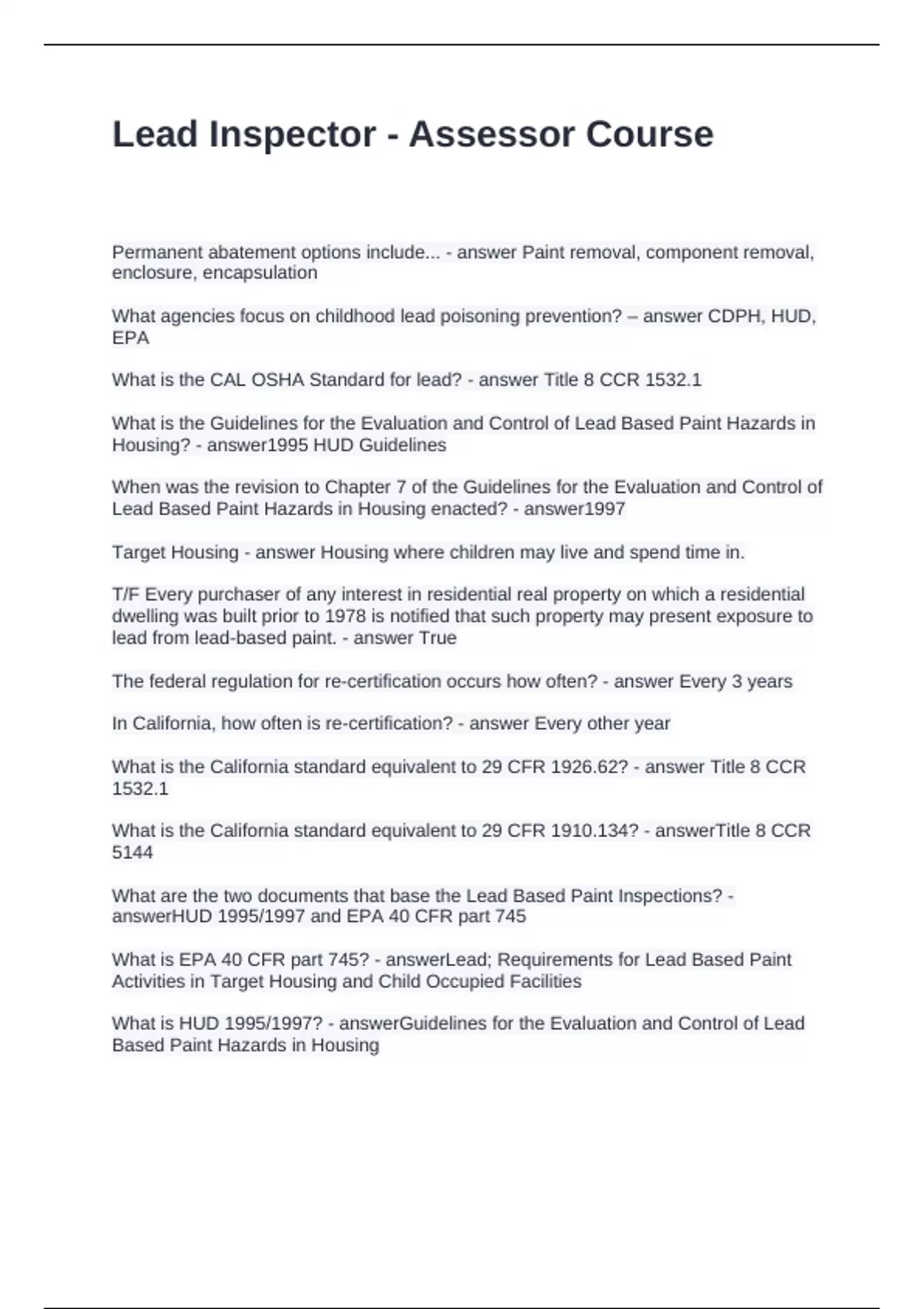 Lead Inspector - Assessor Course Questions and Answers 2024 - EPA Lead ...
