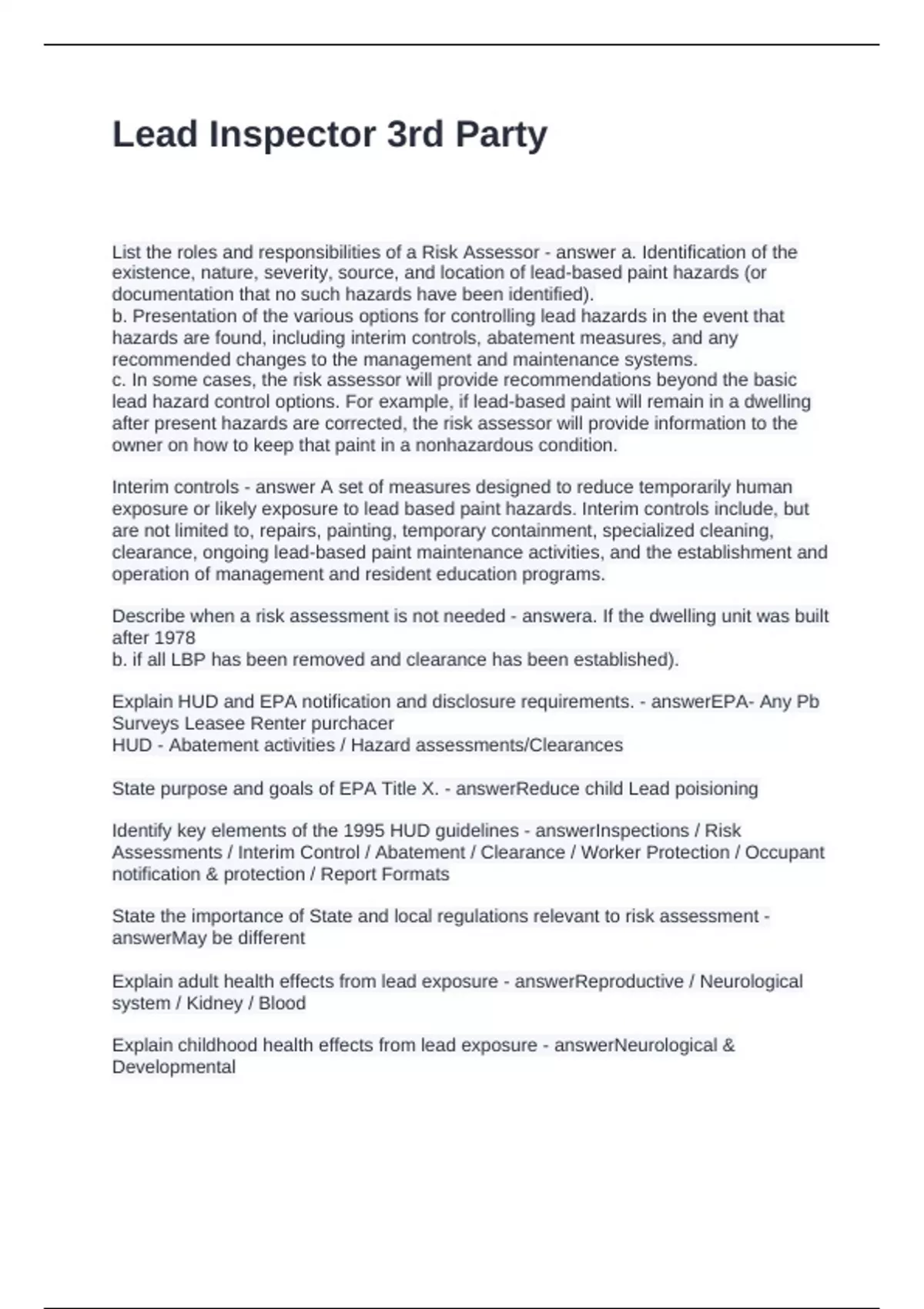 Lead Inspector 3rd Party Questions and Answers 2024 - EPA Lead Risk Assessor - Stuvia US