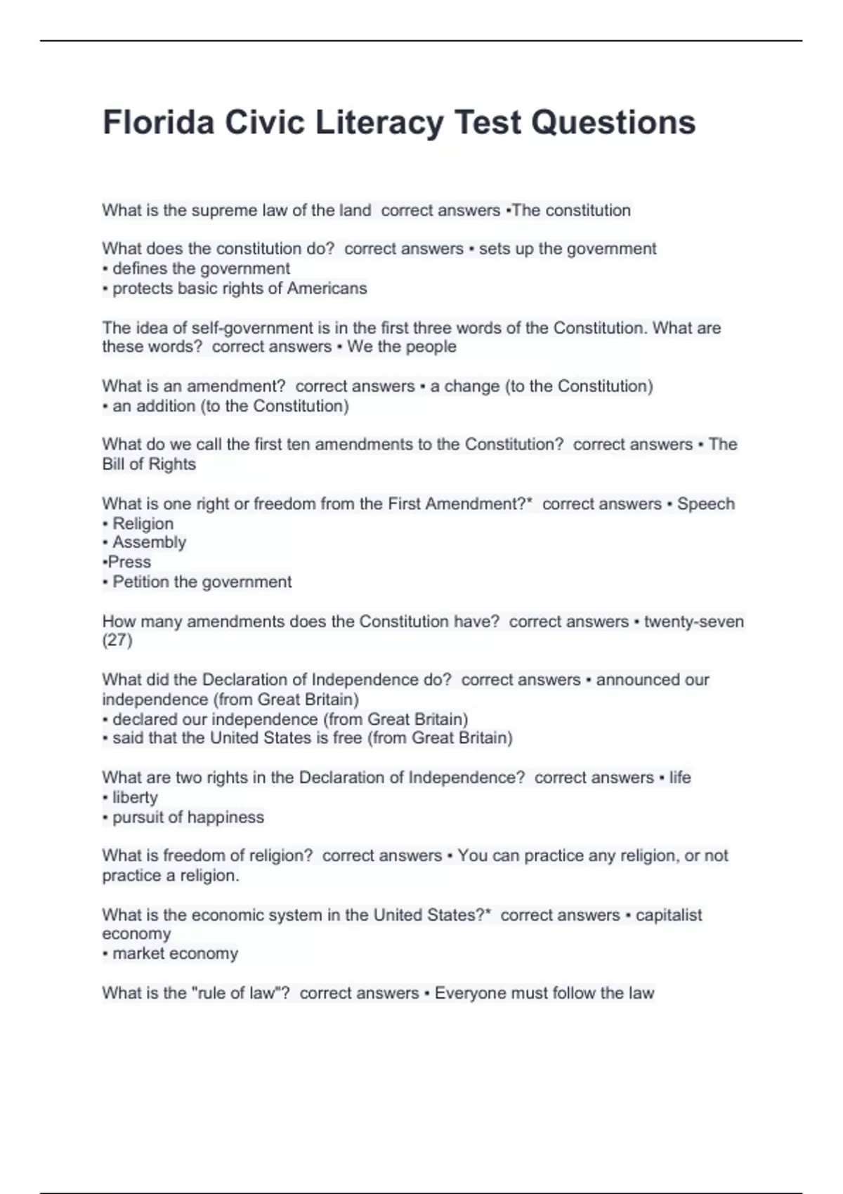 Florida Civic Literacy Test Questions exam with correct answers 2024 ...