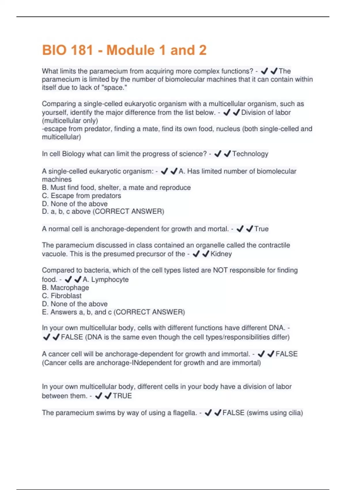 BIO 181 - Module 1 and 2 Questions and Answers New (2025/2026) Solved ...