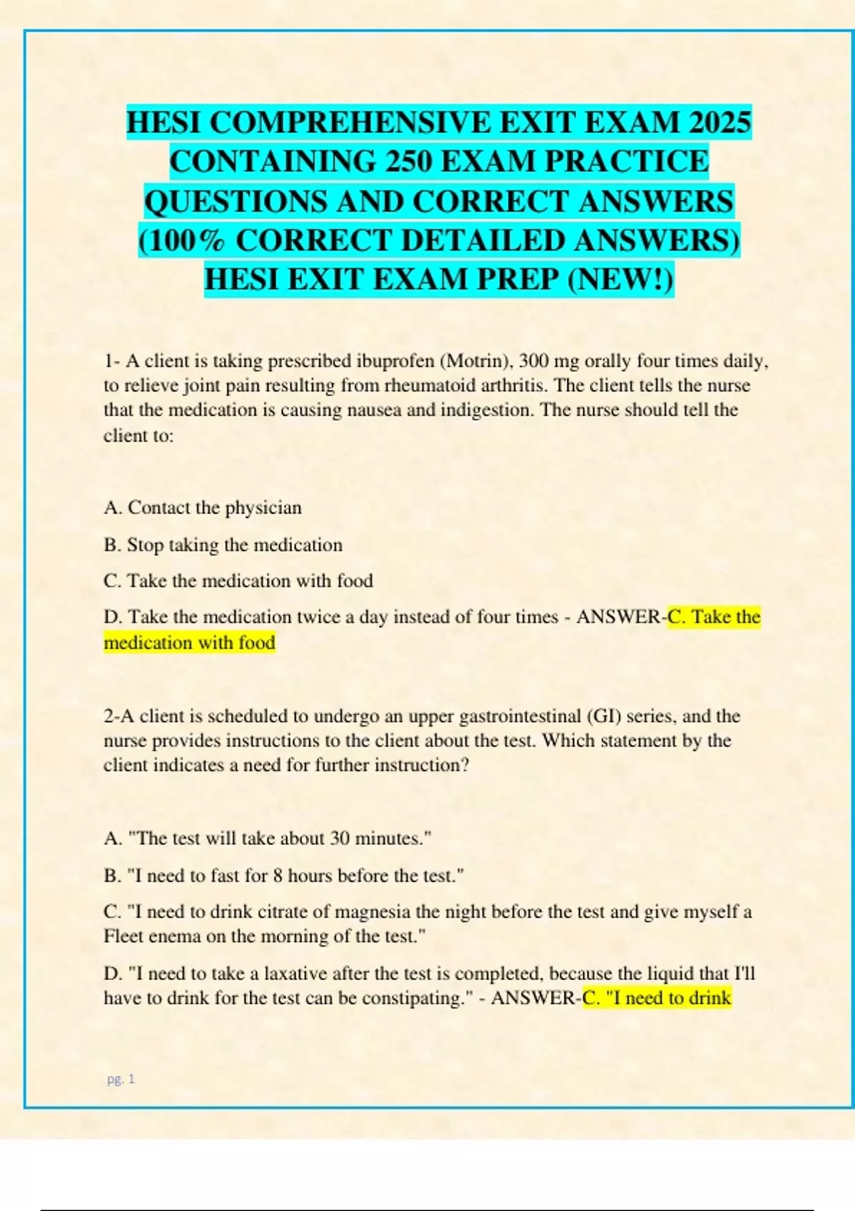 HESI COMPREHENSIVE EXIT EXAM 2025 CONTAINING 250 EXAM PRACTICE ...