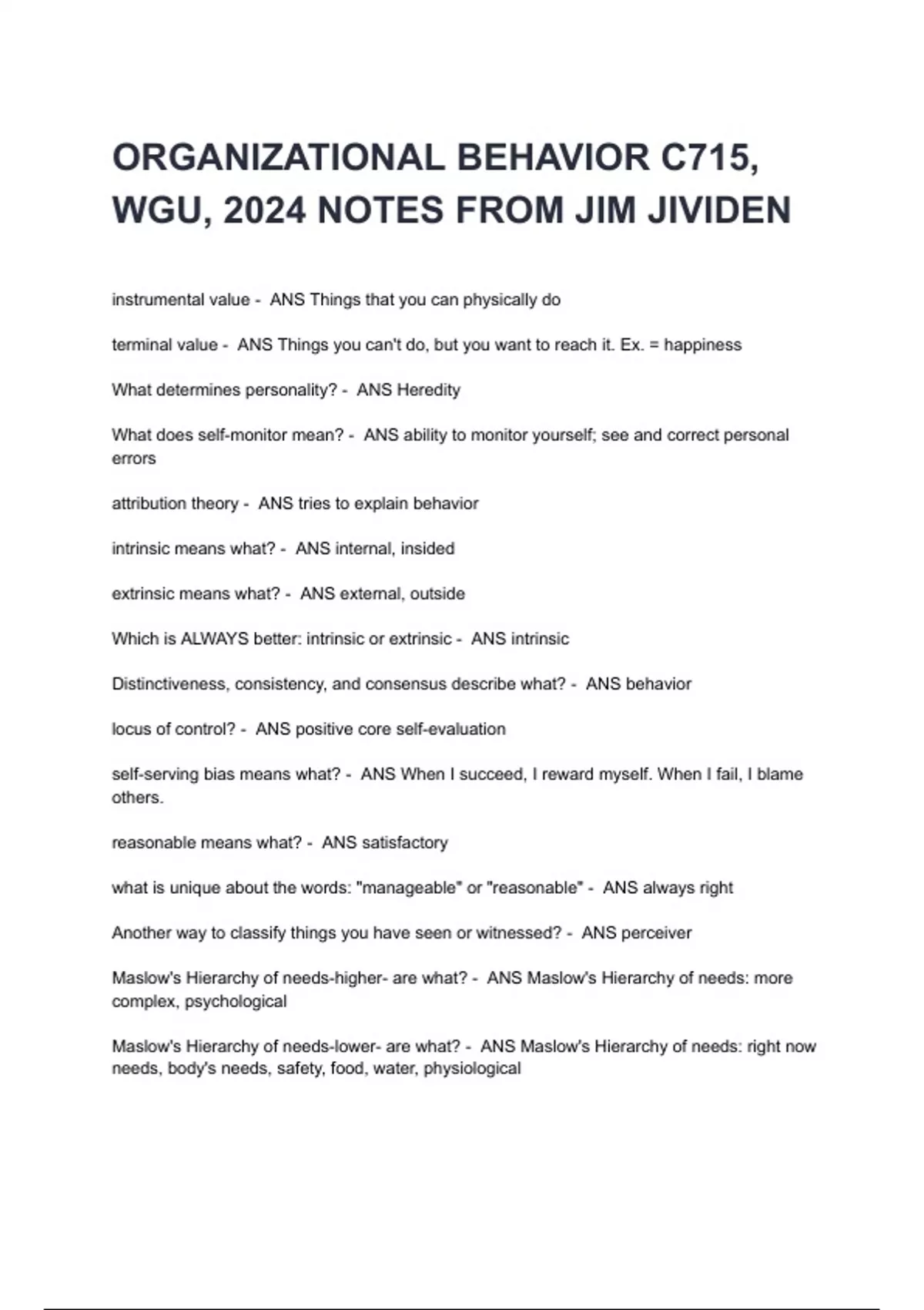 ORGANIZATIONAL BEHAVIOR C715, WGU, 2024 NOTES FROM JIM JIVIDEN ...