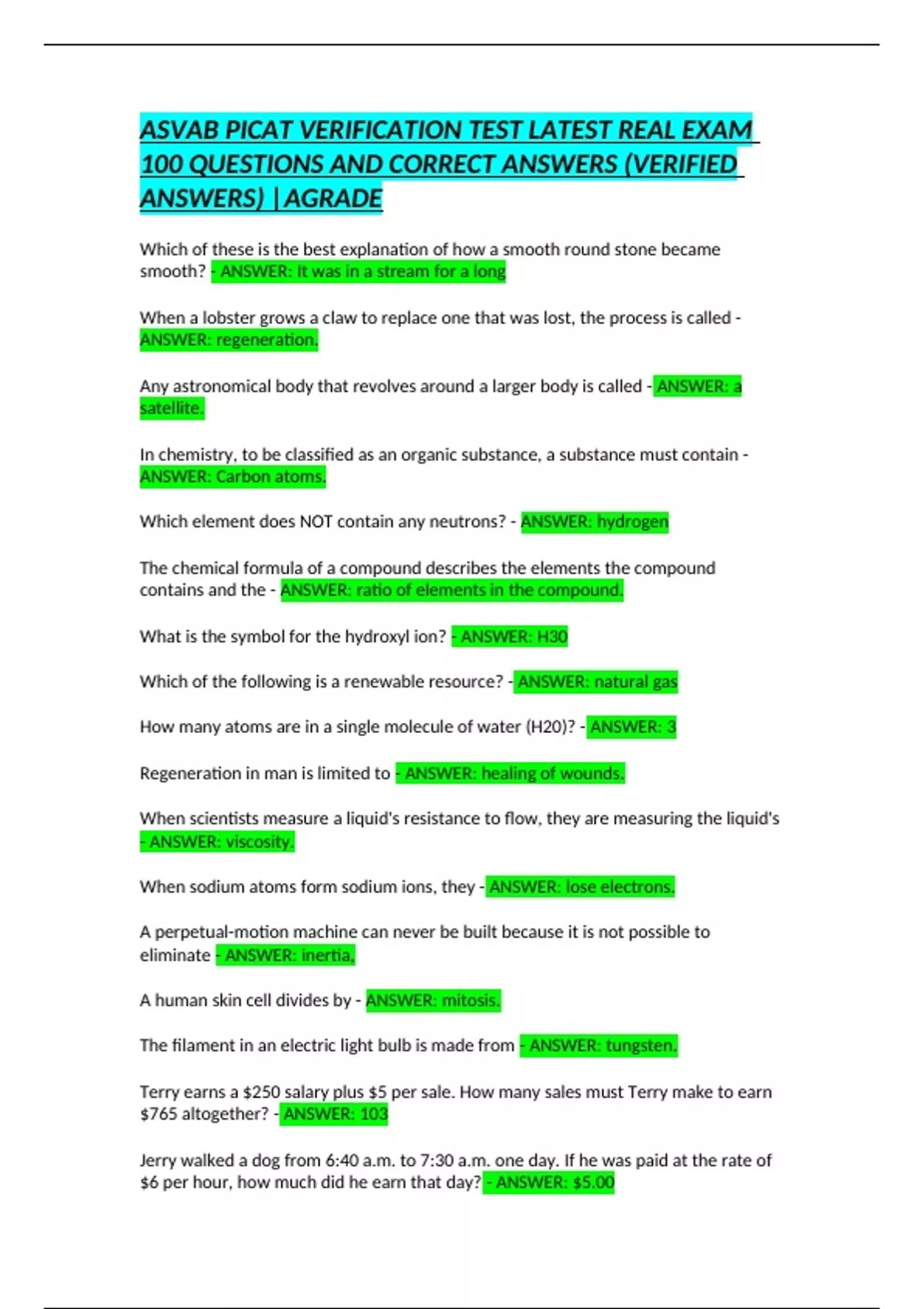 ASVAB PICAT VERIFICATION TEST - ASVAB PICAT VERIFICATION - Stuvia US