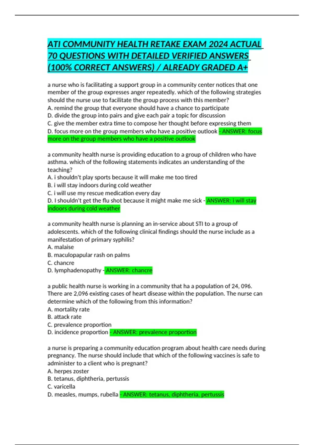 ATI COMMUNITY HEALTH RETAKE EXAM - ATI COMMUNITY HEALTH RETAKE - Stuvia US