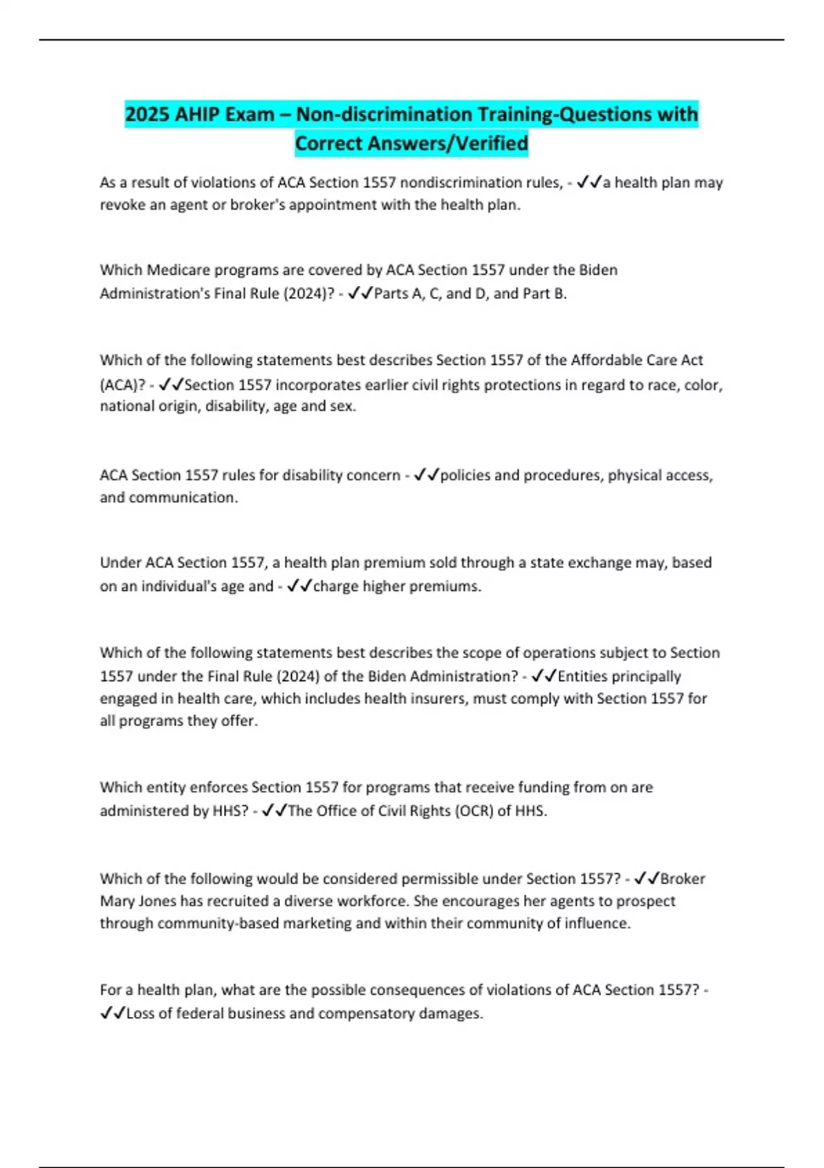 2025 AHIP Exam – Non-discrimination Training-Questions with Correct ...