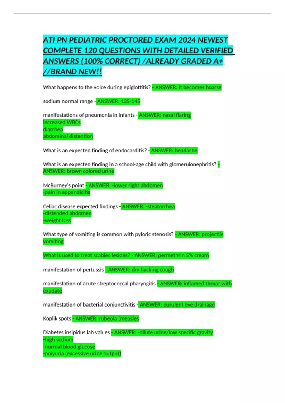 ATI PN PEDIATRIC PROCTORED EXAM - ATI PN PEDIATRIC - Stuvia US