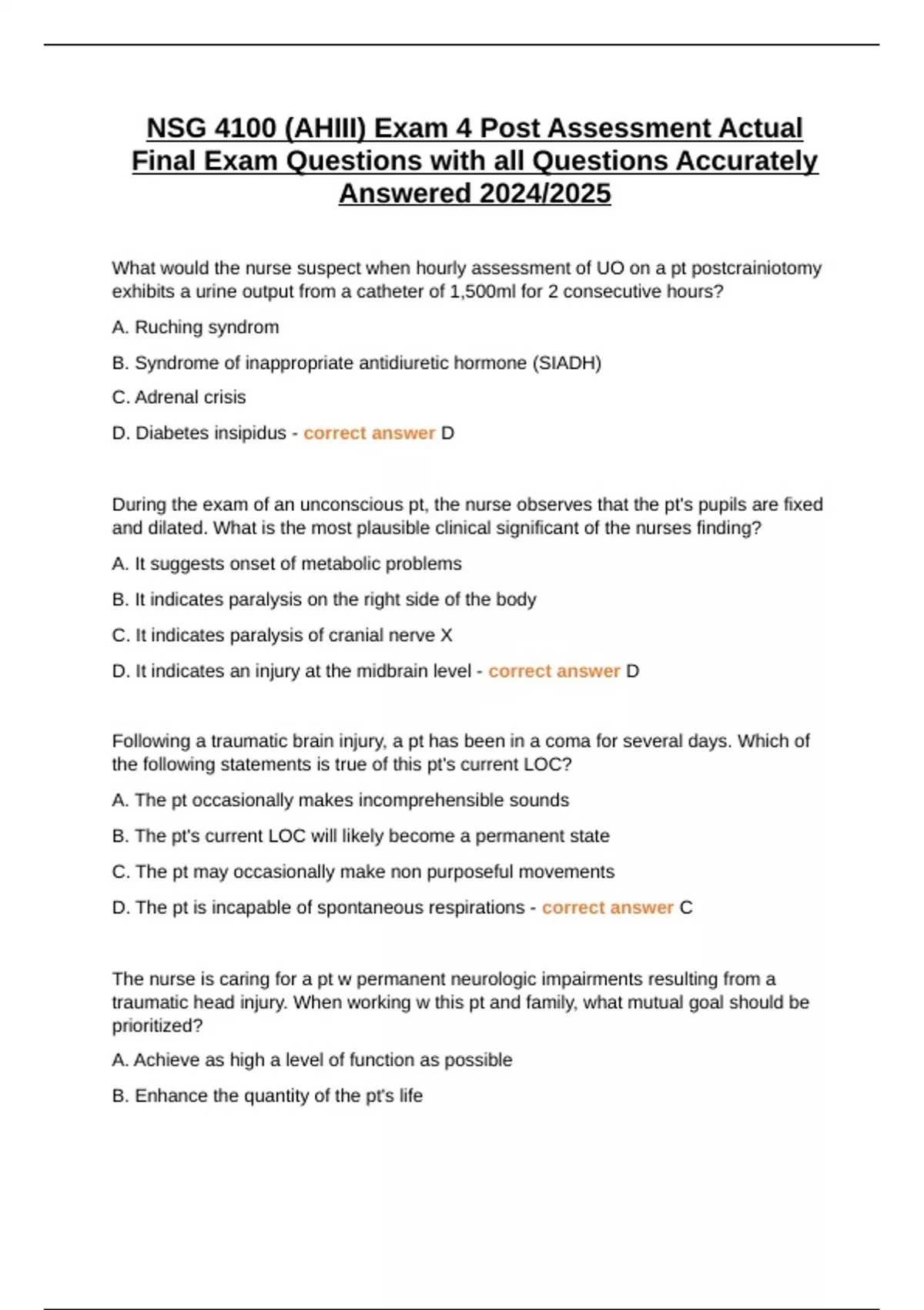 NSG 4100 (AHIII) Exam 4 Post Assessment Actual Final Exam Questions ...