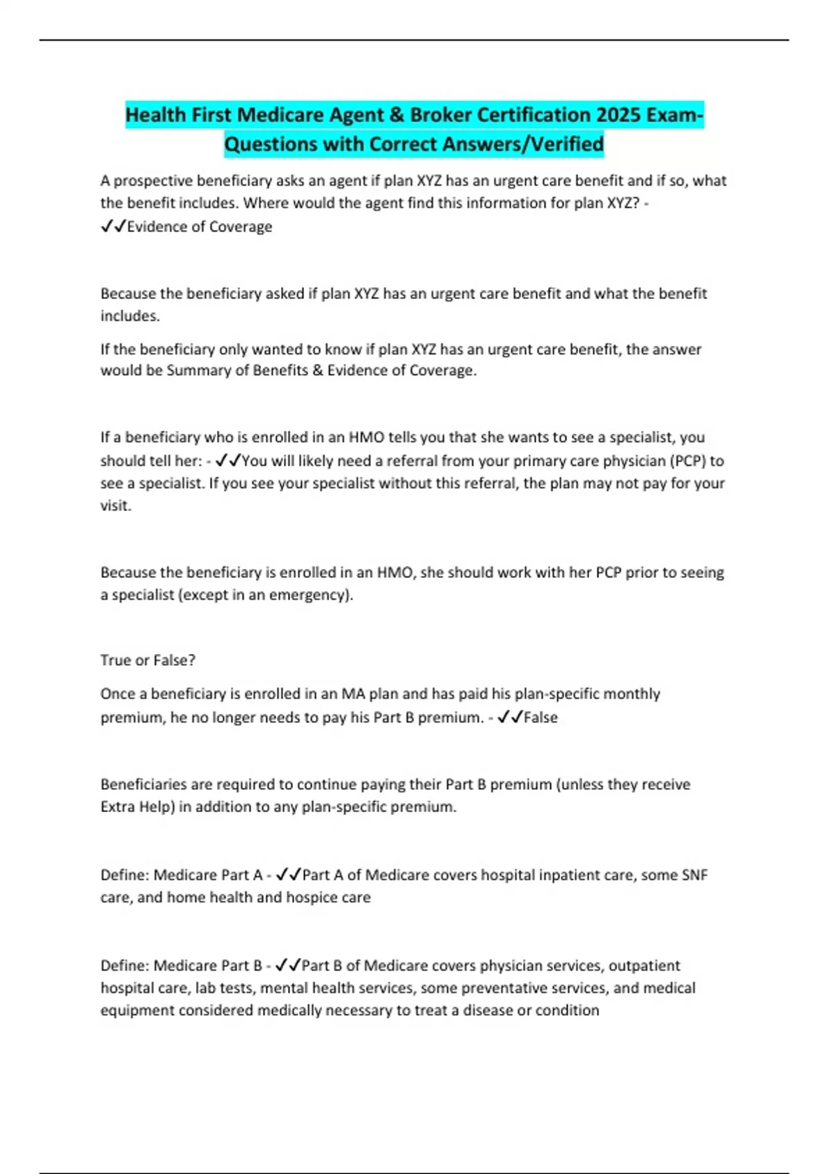 Health First Medicare Agent & Broker Certification 2025 Exam Questions ...