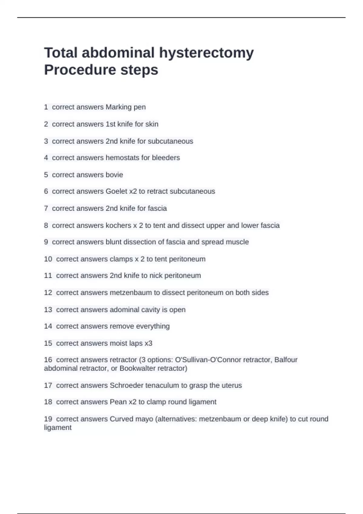 Total abdominal hysterectomy Procedure steps exam with correct answers ...