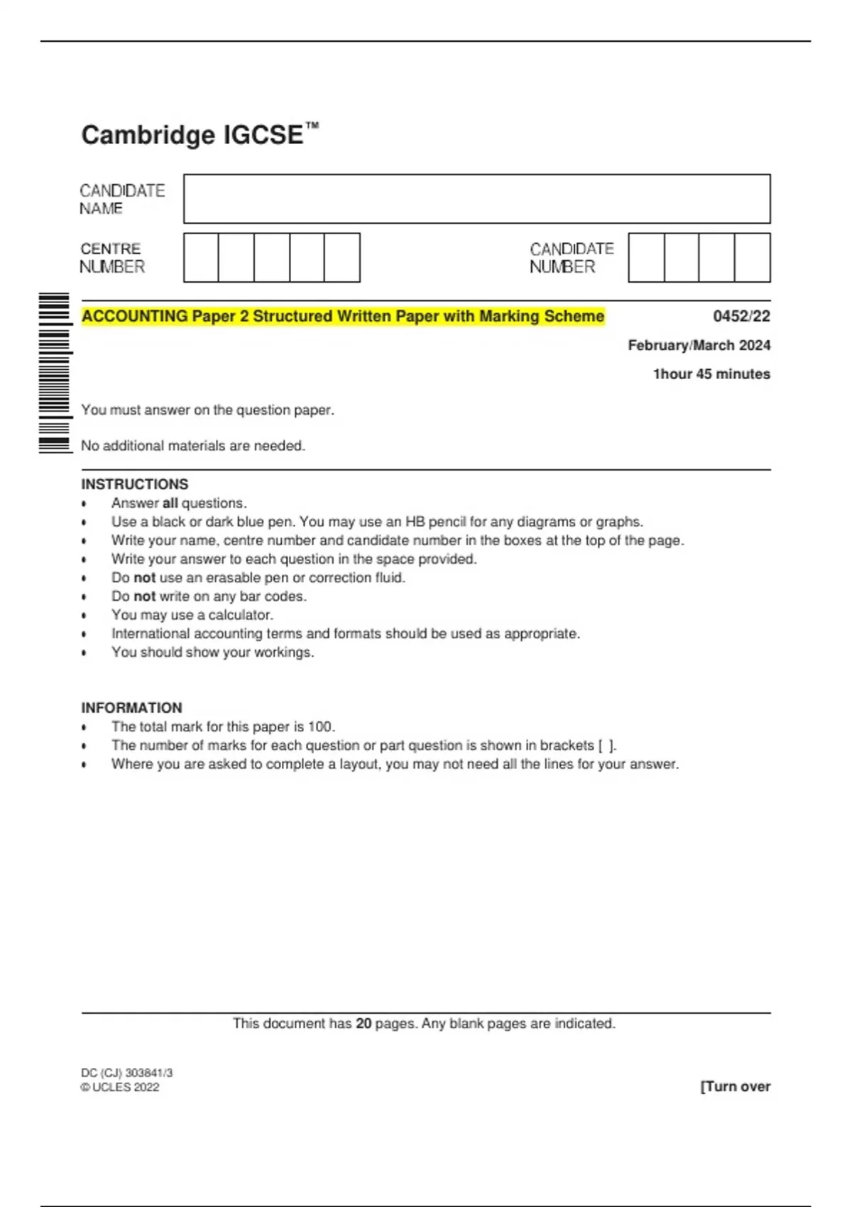 ACCOUNTING Paper 2 Structured Written Paper with Marking Scheme 0452/22 ...