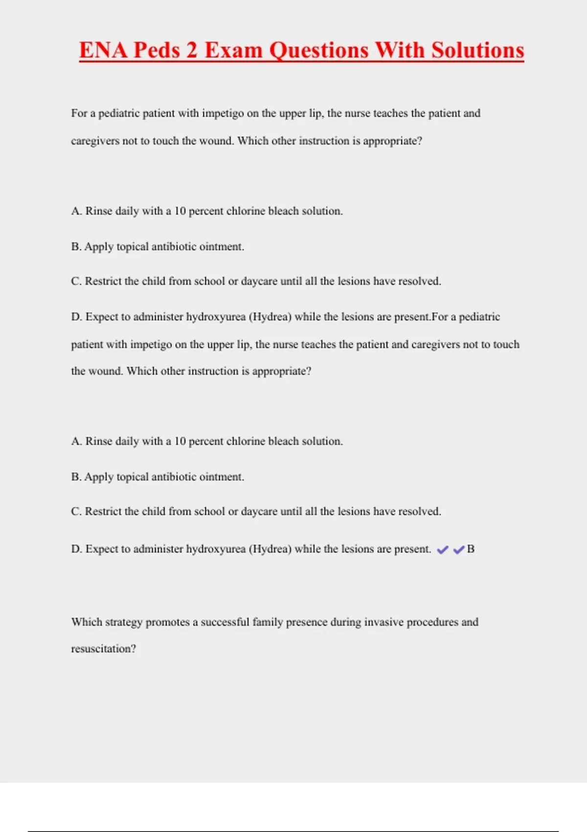 ENA Peds 2 Exam Questions With Solutions - ENA - Stuvia US