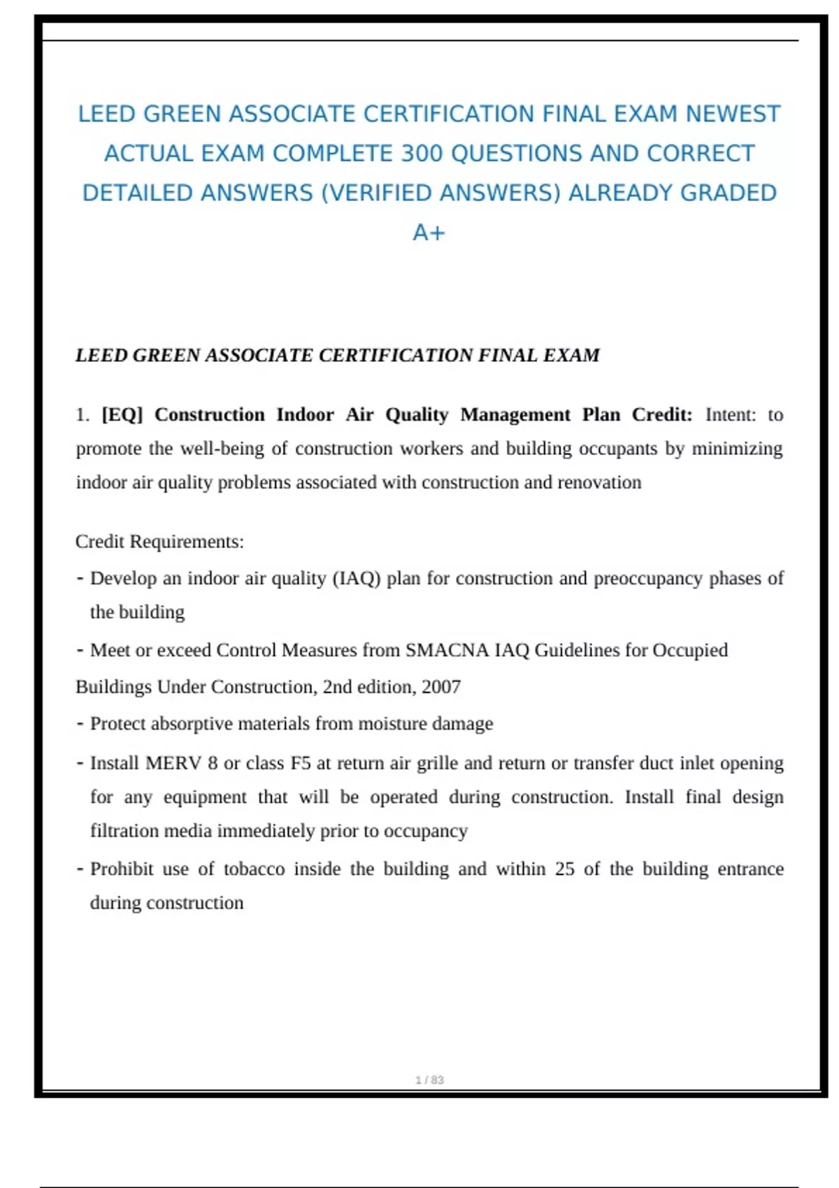 LEED GREEN ASSOCIATE CERTIFICATION EXAM QUESTIONS WITH COMPLETE ...