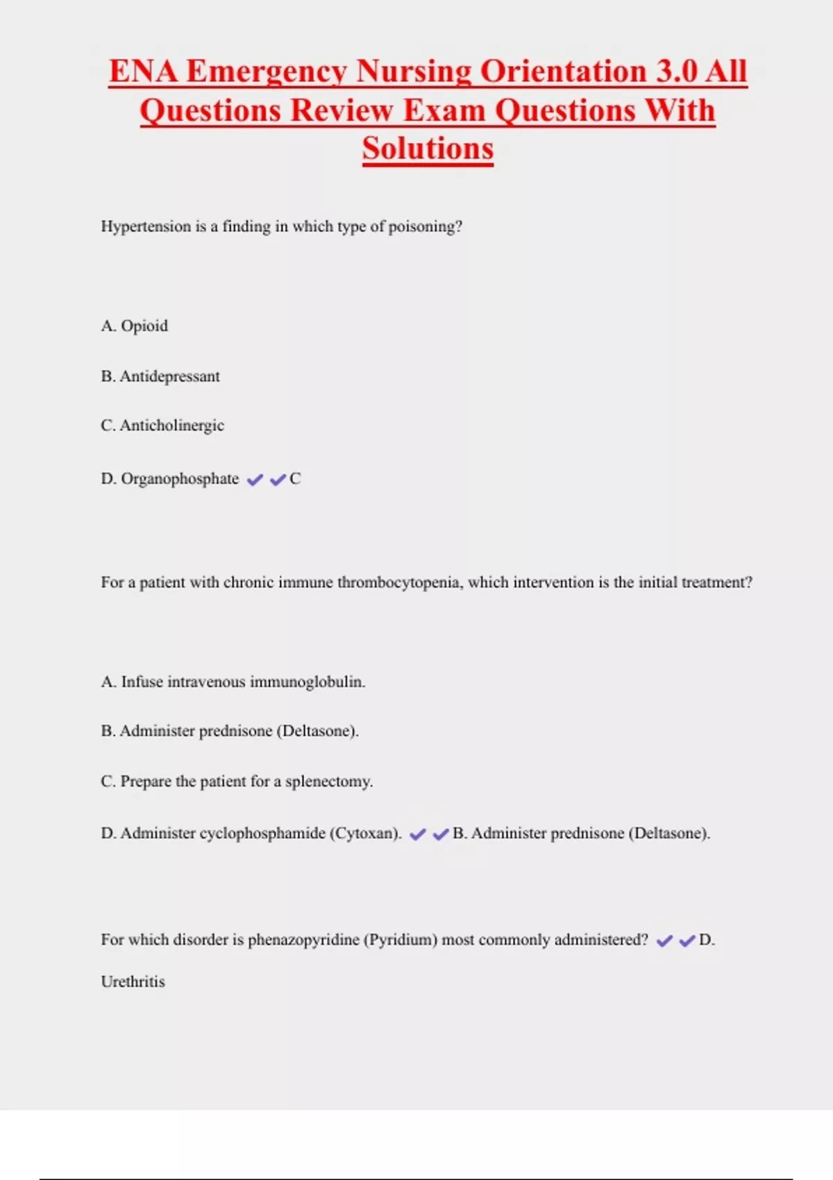 ENA Emergency Nursing Orientation 3.0 All Questions Review Exam Questions With Solutions - ENA ...