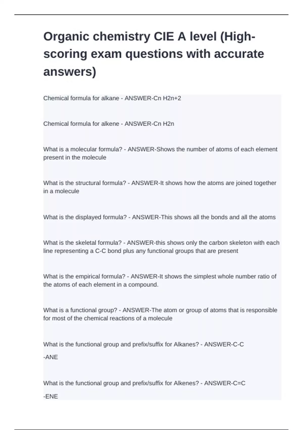 Organic chemistry CIE A level (High-scoring exam questions with accurate answers) - Organic ...