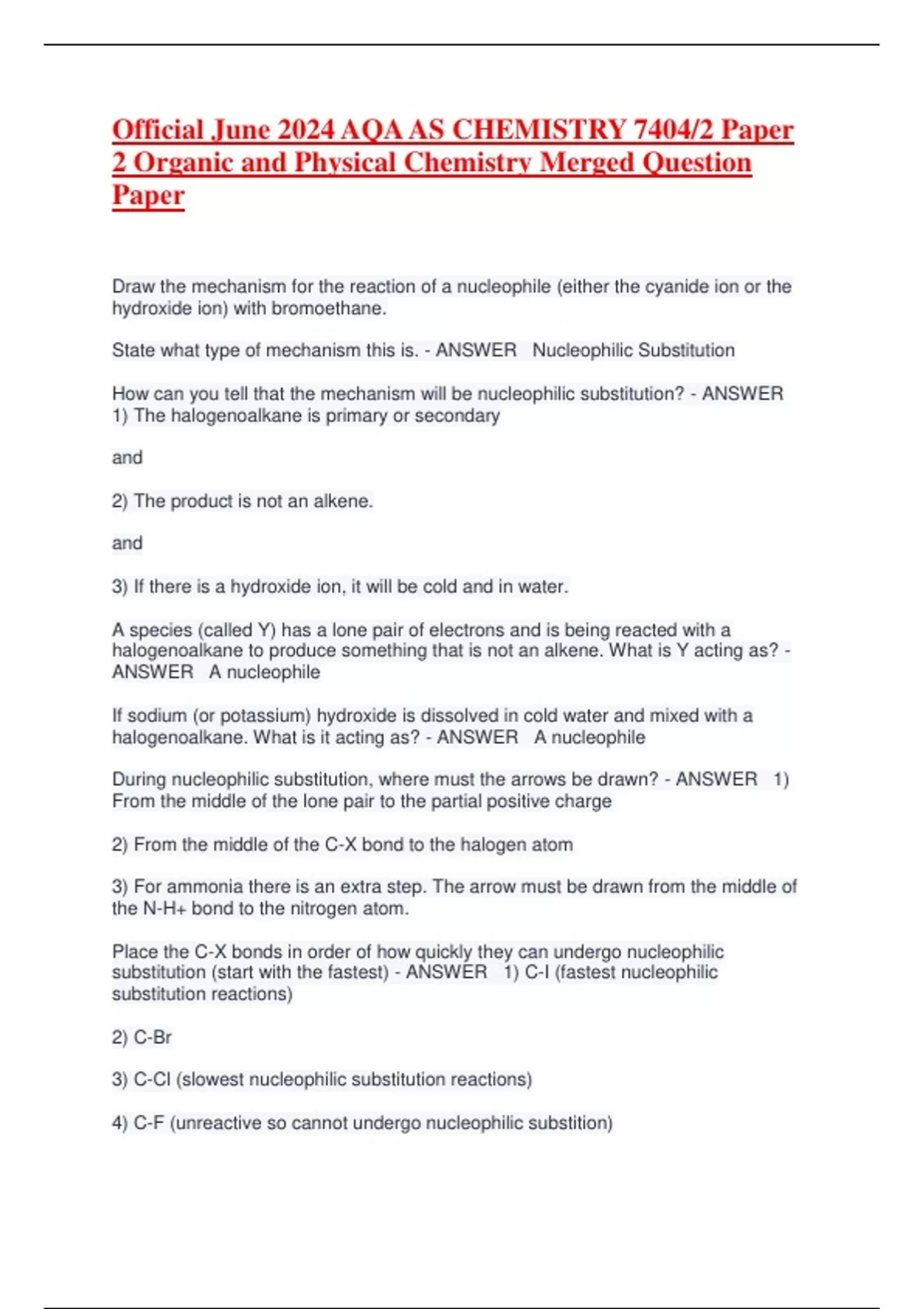 Official June 2024 AQA AS CHEMISTRY 7404/2 Paper 2 Organic and Physical Chemistry Merged ...