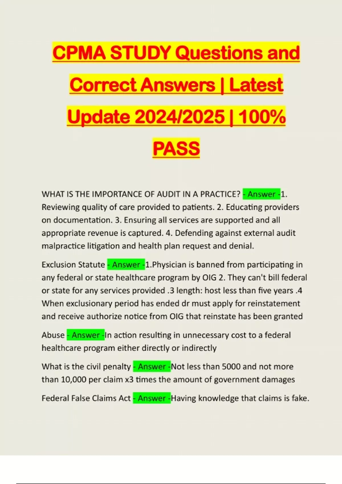 CPMA STUDY Questions and Correct Answers | Latest Update 2024/2025 ...