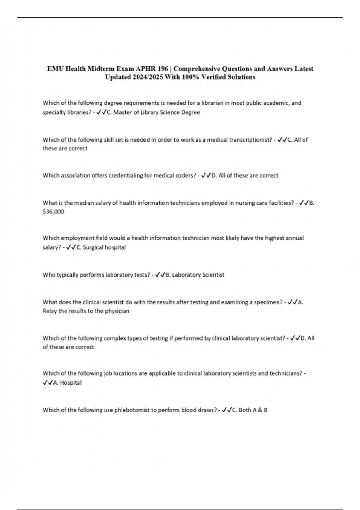 EMU Health Midterm Exam APHR 196 | Comprehensive Questions and Answers ...