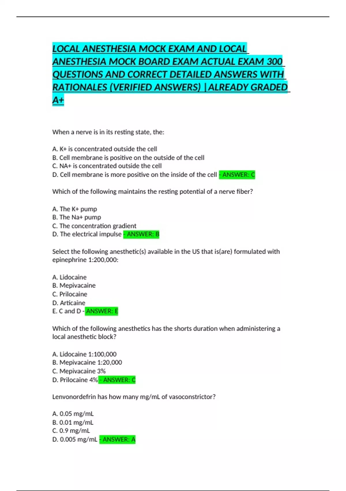 LOCAL ANESTHESIA MOCK EXAM AND LOCAL ANESTHESIA - LOCAL ANESTHESIA ...