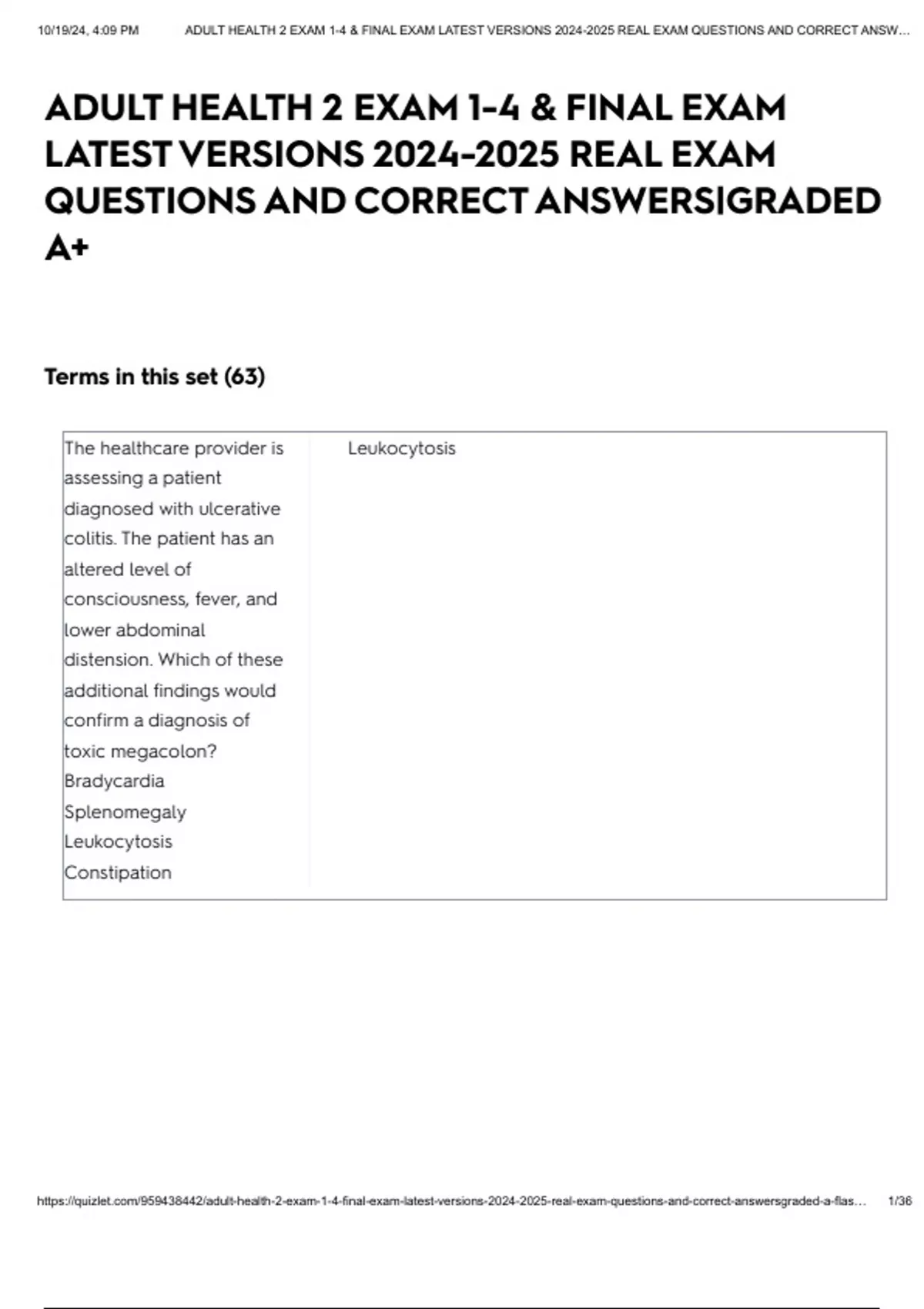 ADULT HEALTH 2 EXAM 1-4 & FINAL EXAM LATEST VERSIONS REAL EXAM ...