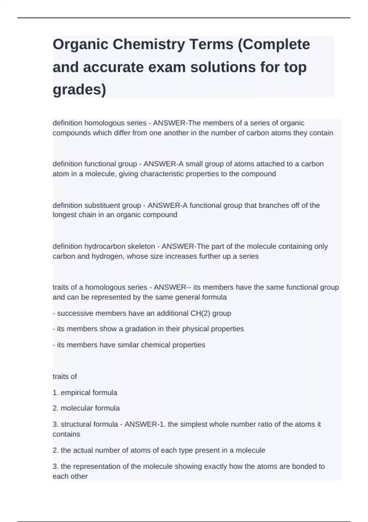 Organic Chemistry Terms (Complete and accurate exam solutions for top ...