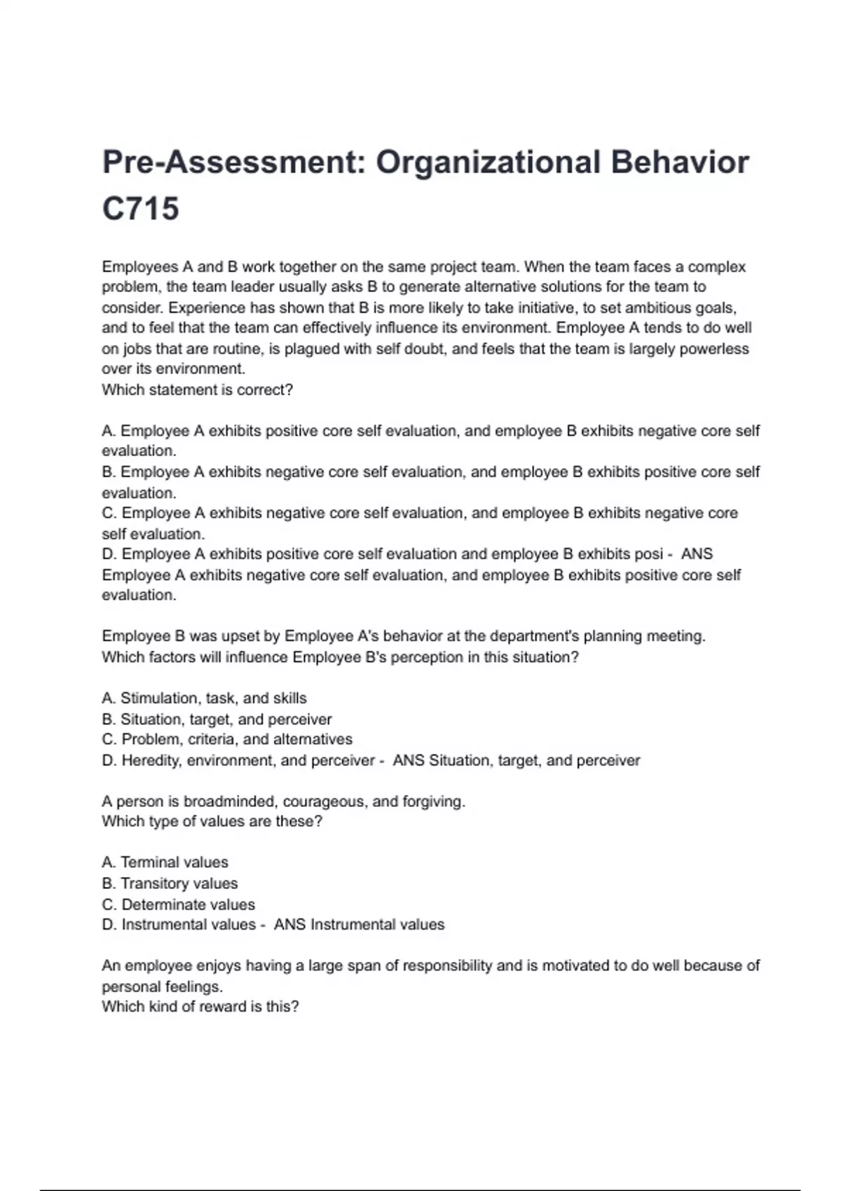 Pre-Assessment: Organizational Behavior C715 Exam Questions with ...