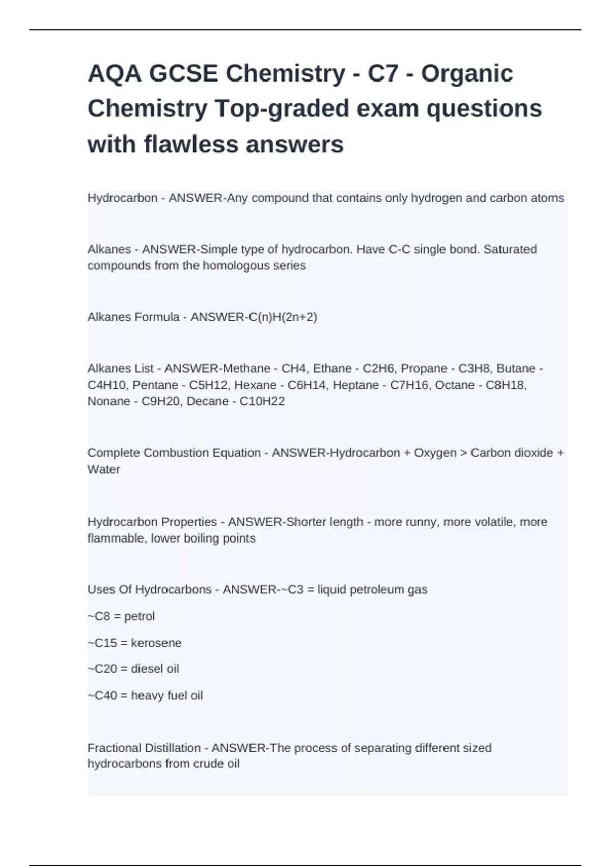 AQA GCSE Chemistry - C7 - Organic Chemistry Top-graded exam questions ...