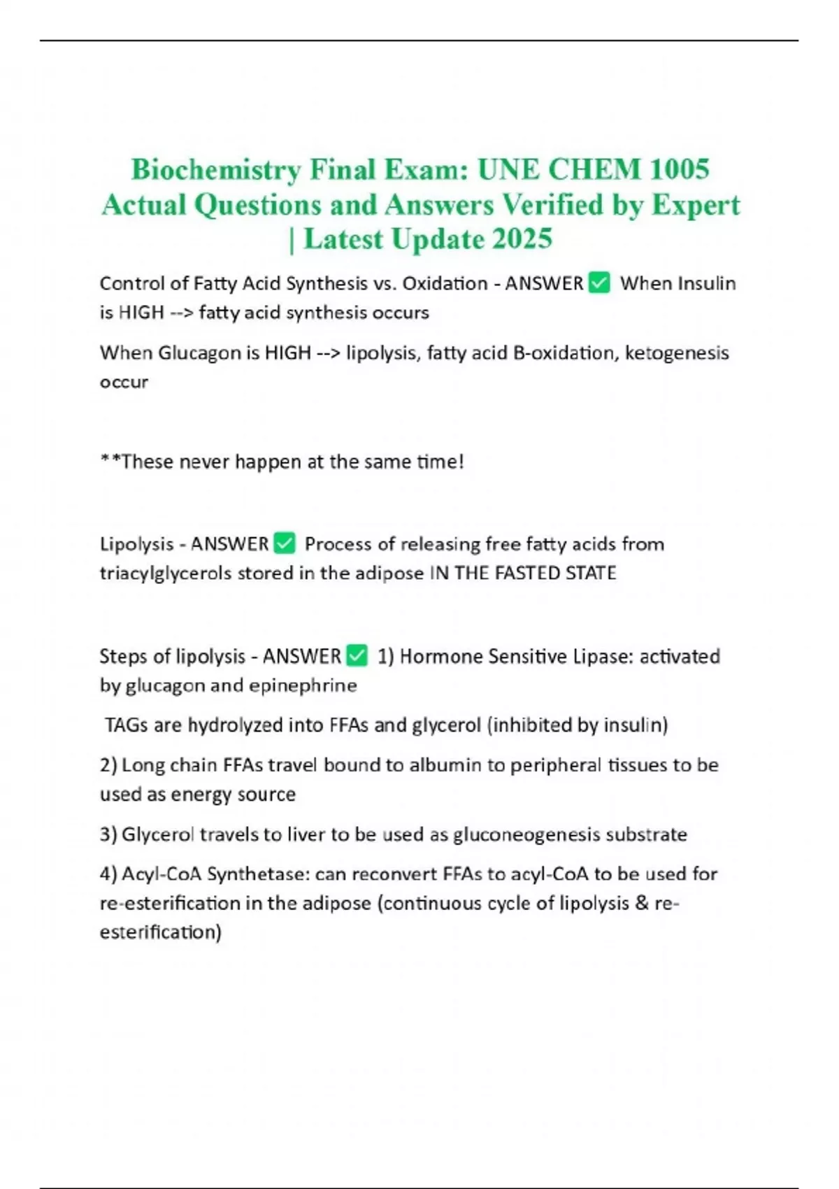 Biochemistry Final Exam: UNE CHEM 1005 Actual Questions and Answers ...