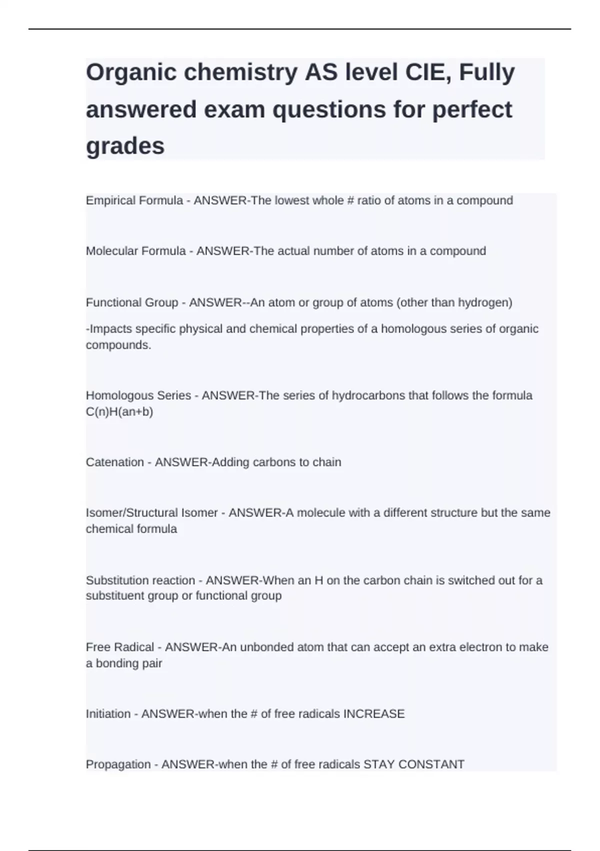 Organic chemistry AS level CIE, Fully answered exam questions for ...
