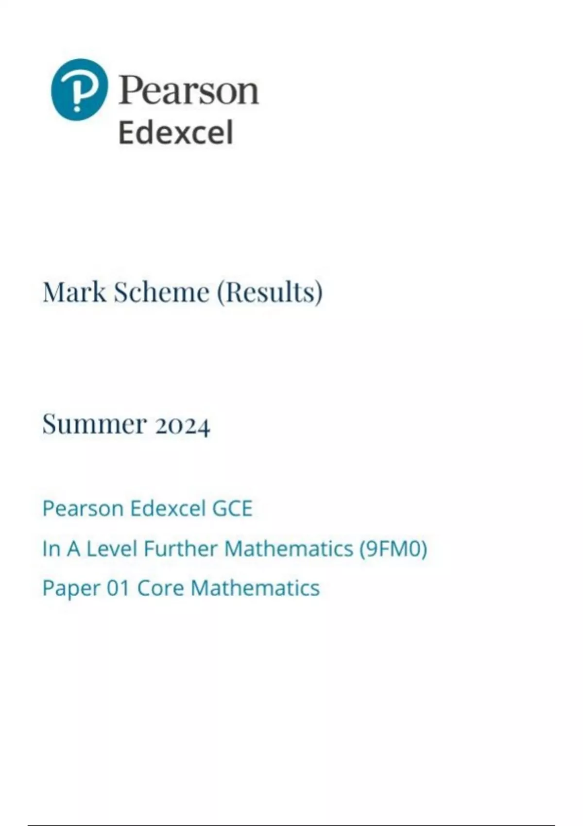 Pearson Edexcel GCE In A Level Further Mathematics (9FM0) Paper 01 Core ...