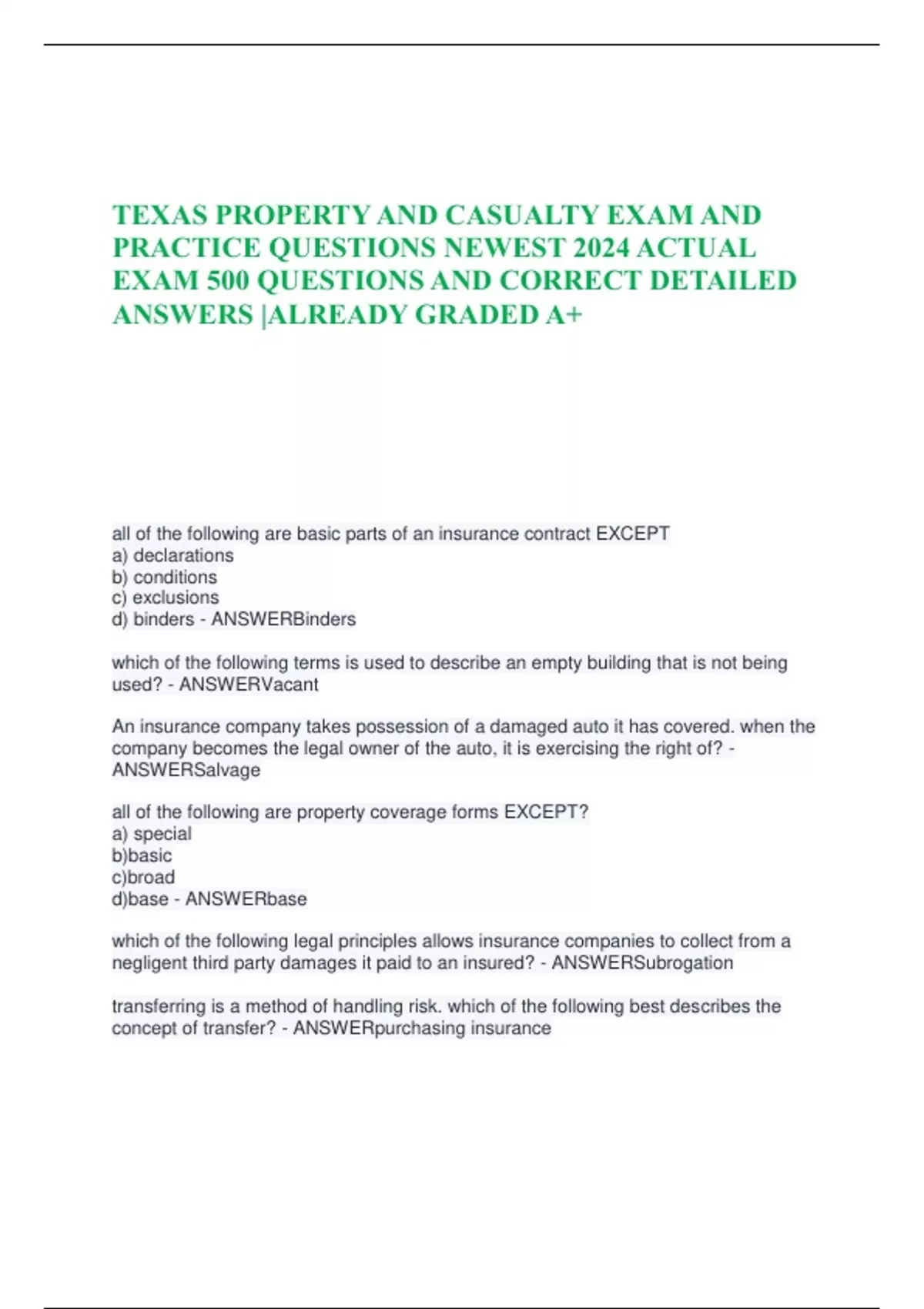 TEXAS PROPERTY AND CASUALTY EXAM AND PRACTICE QUESTIONS NEWEST 2024 ...