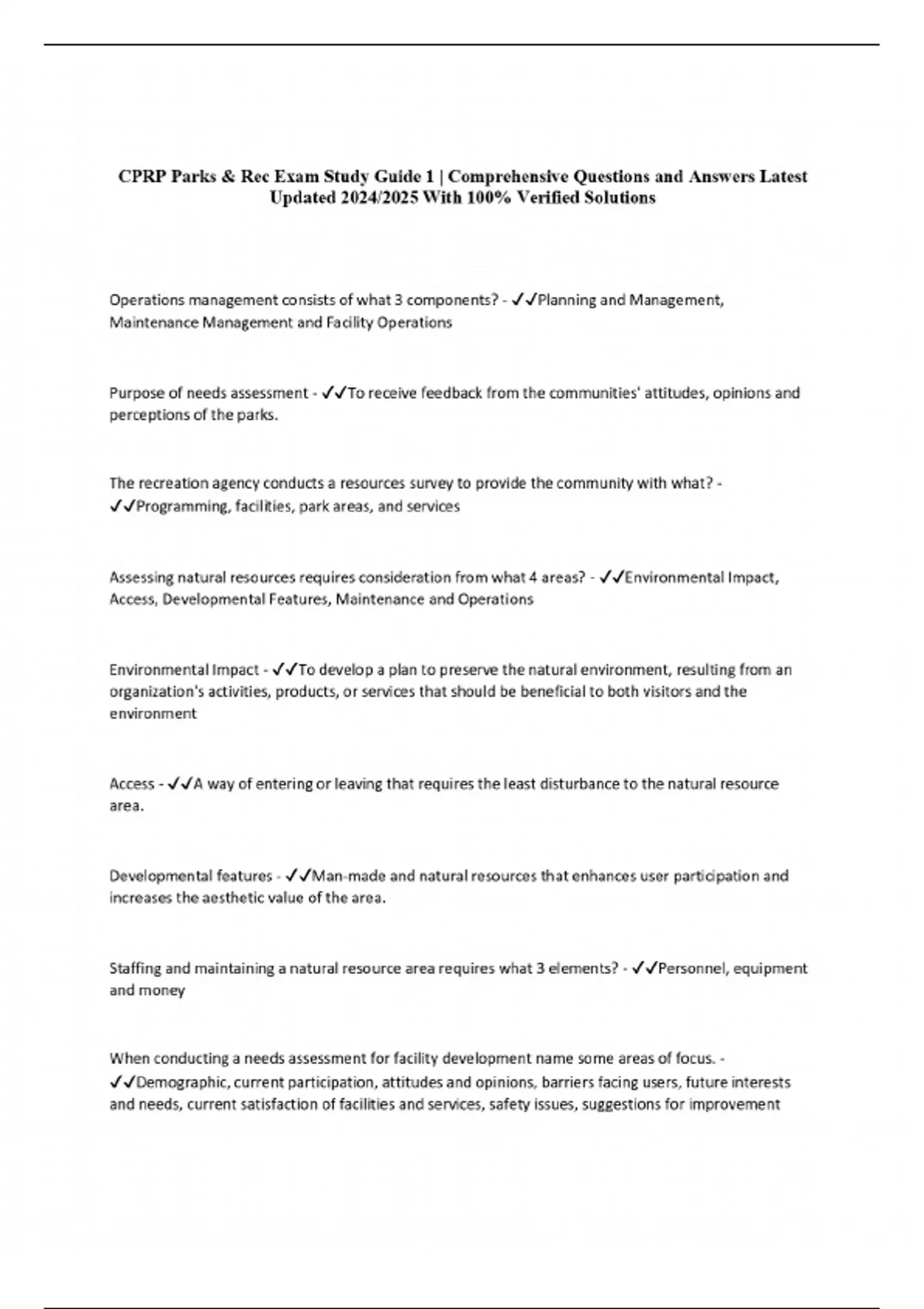 CPRP Parks & Rec Exam Study Guide 1 | Comprehensive Questions and ...