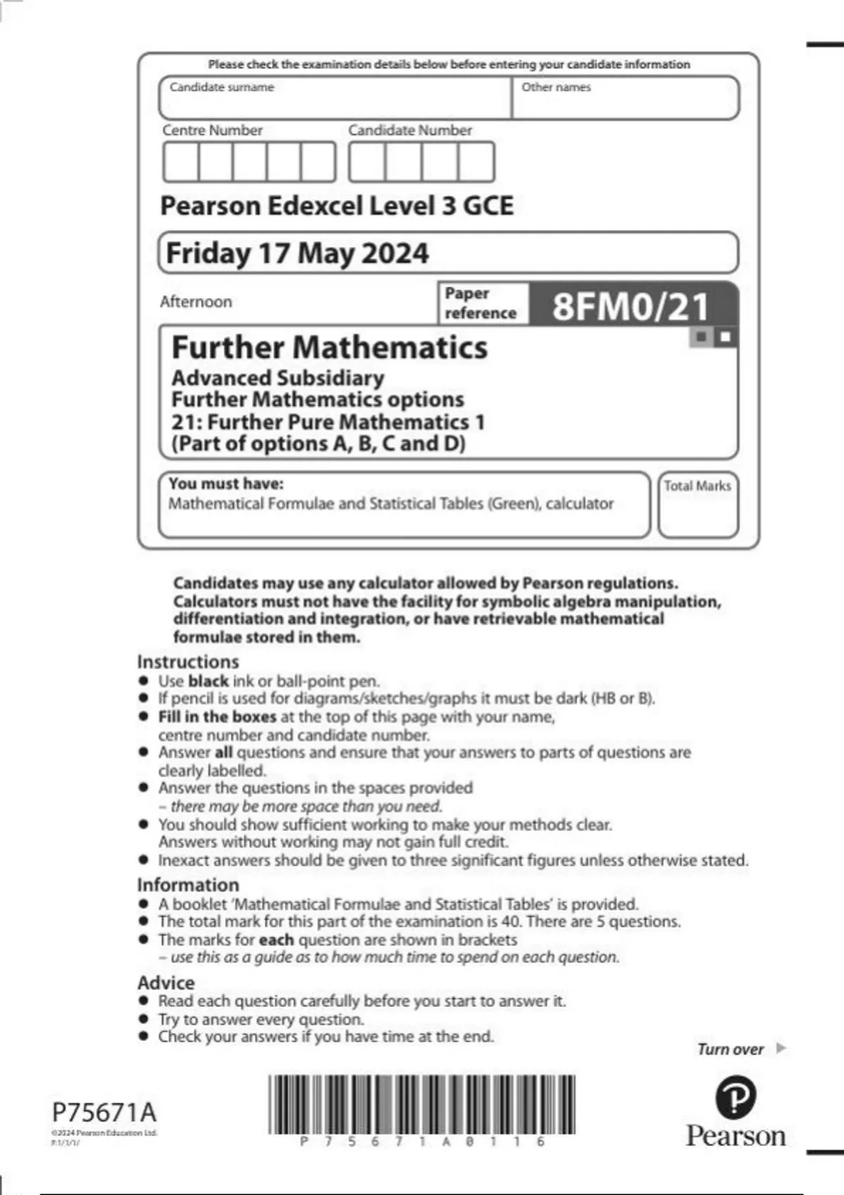 Pearson Edexcel Level 3 GCE Further Mathematics Advanced Subsidiary ...