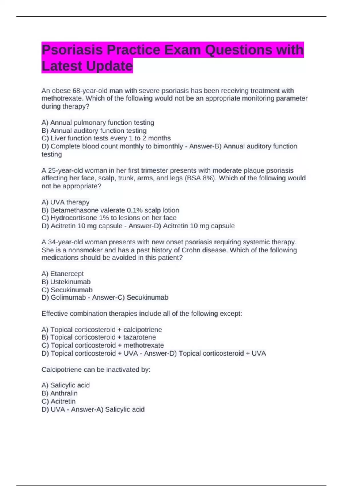 Psoriasis Practice Exam Questions with Latest Update - Psoriasis ...