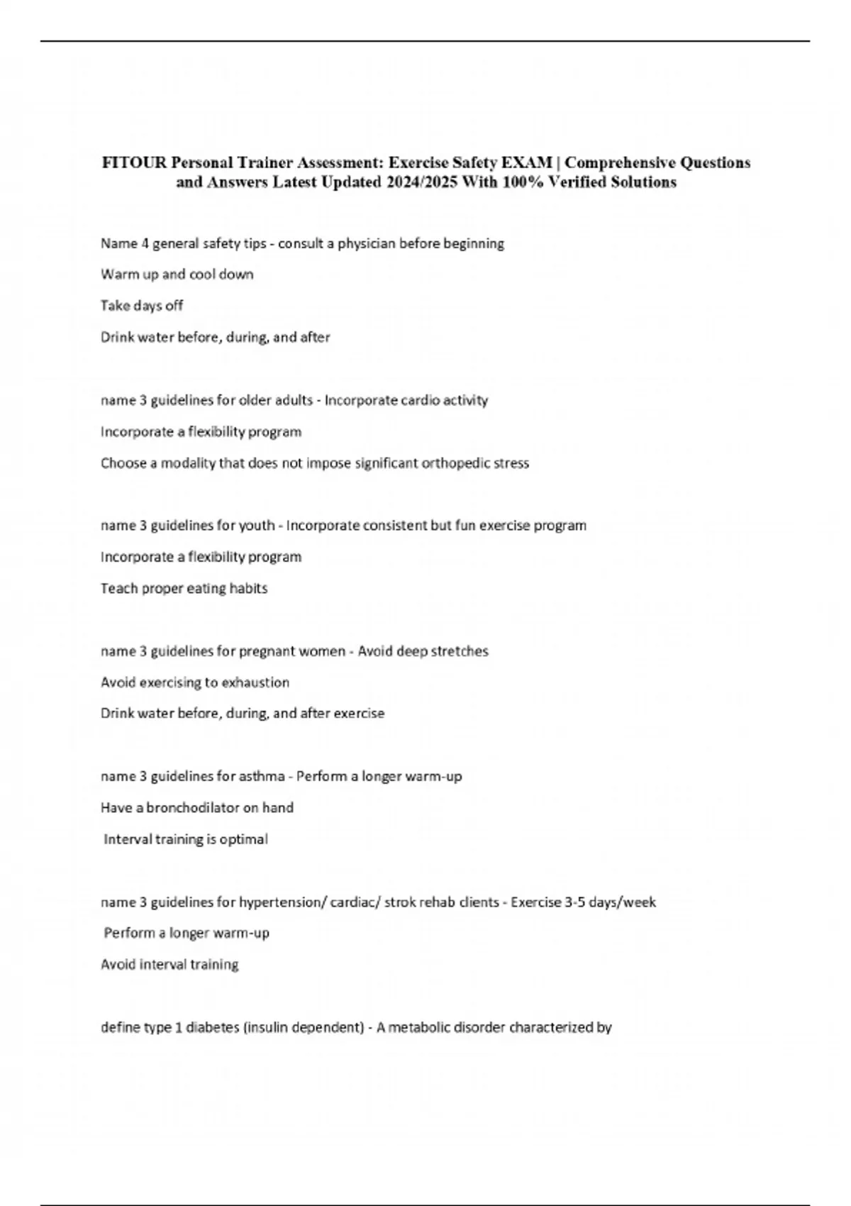 FITOUR Personal Trainer Assessment: Exercise Safety EXAM ...