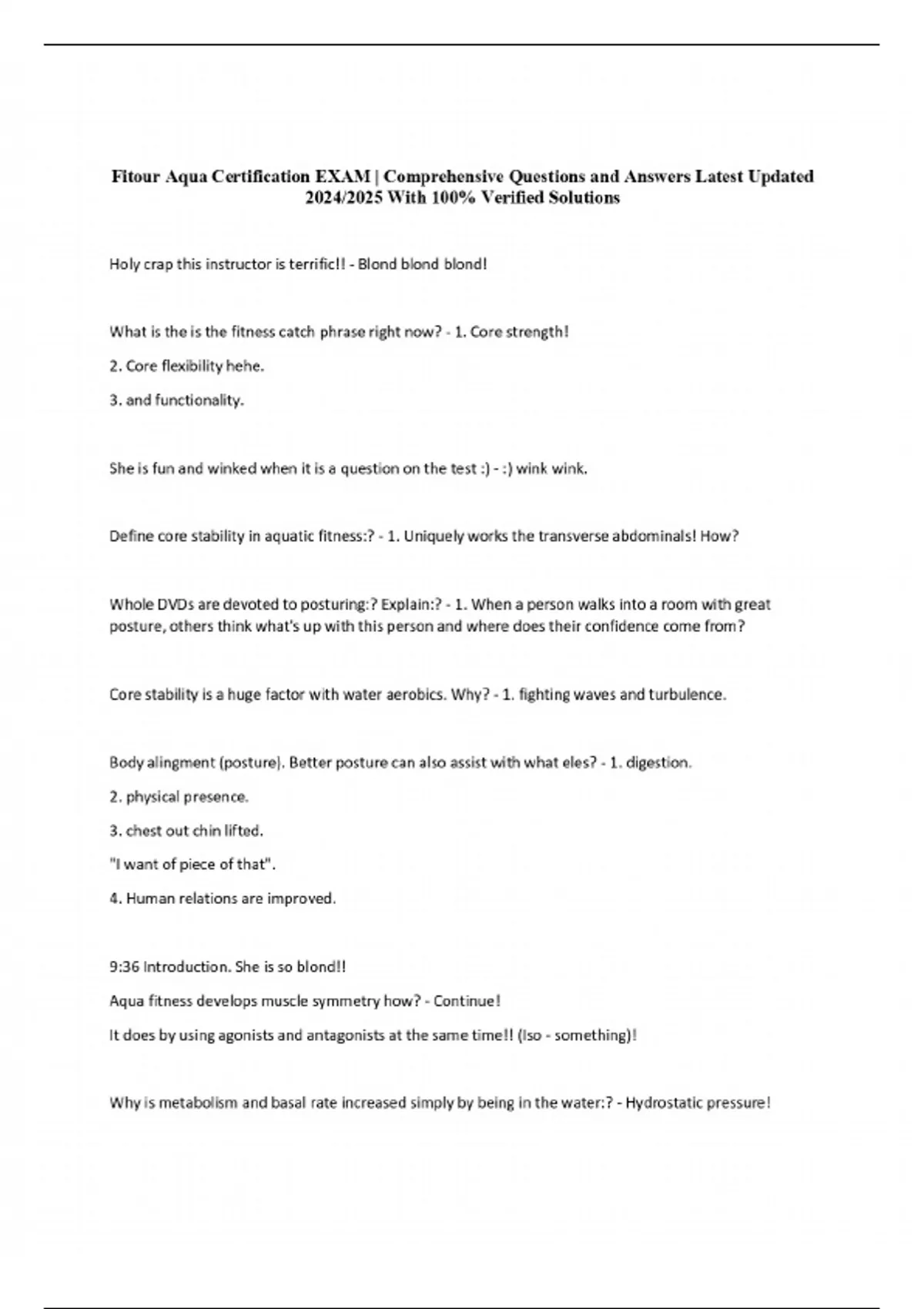 Fitour Aqua Certification EXAM | Comprehensive Questions and Answers ...