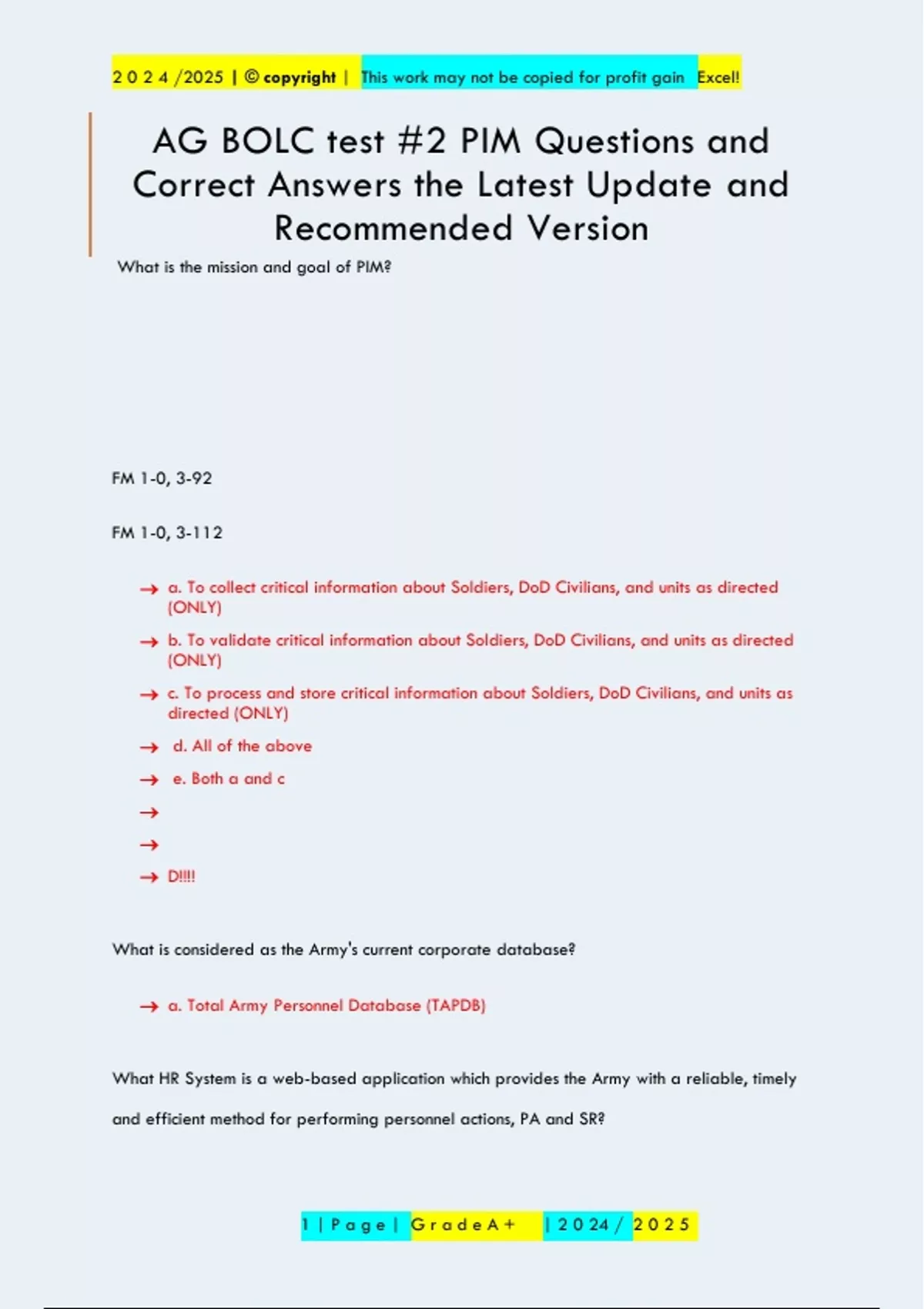AG BOLC test #2 PIM Questions and Correct Answers the Latest Update and ...