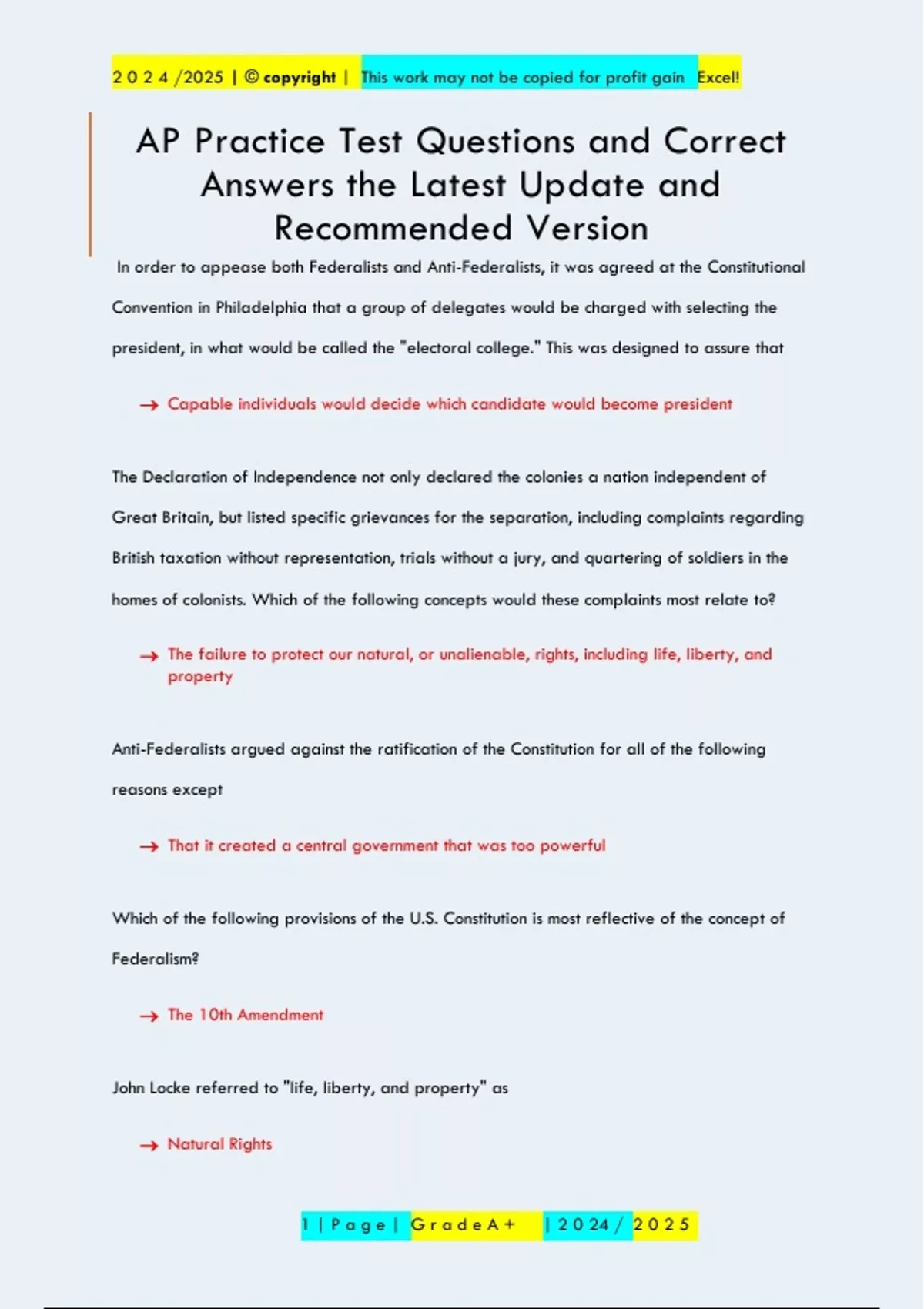 AP Practice Test Questions and Correct Answers the Latest Update and ...