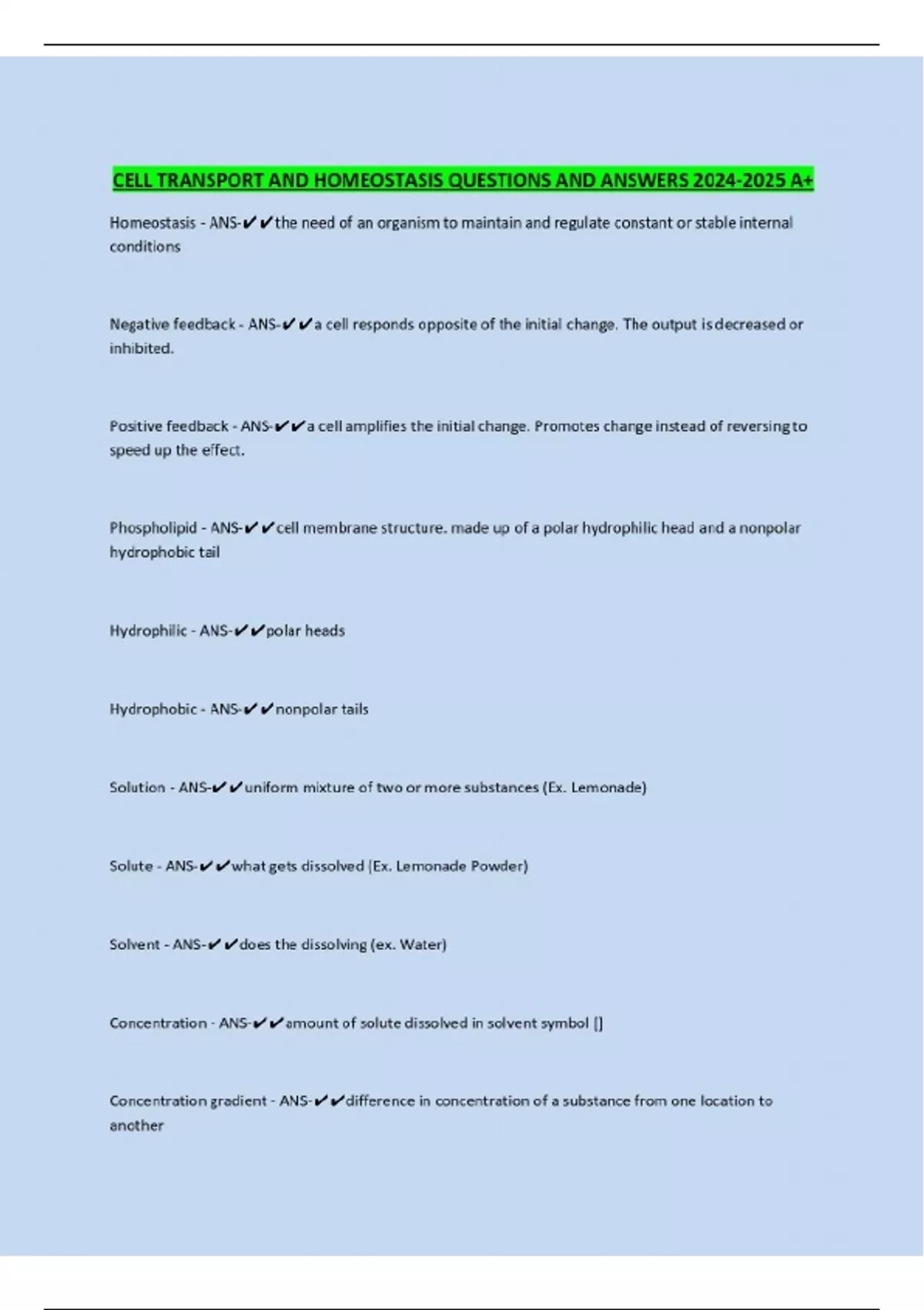 CELL TRANSPORT AND HOMEOSTASIS QUESTIONS AND ANSWERS A+ - CELL ...