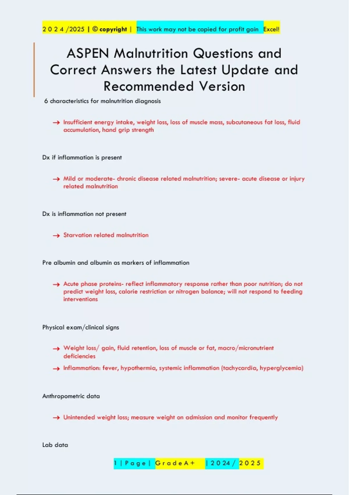 ASPEN Malnutrition Questions and Correct Answers the Latest Update and ...