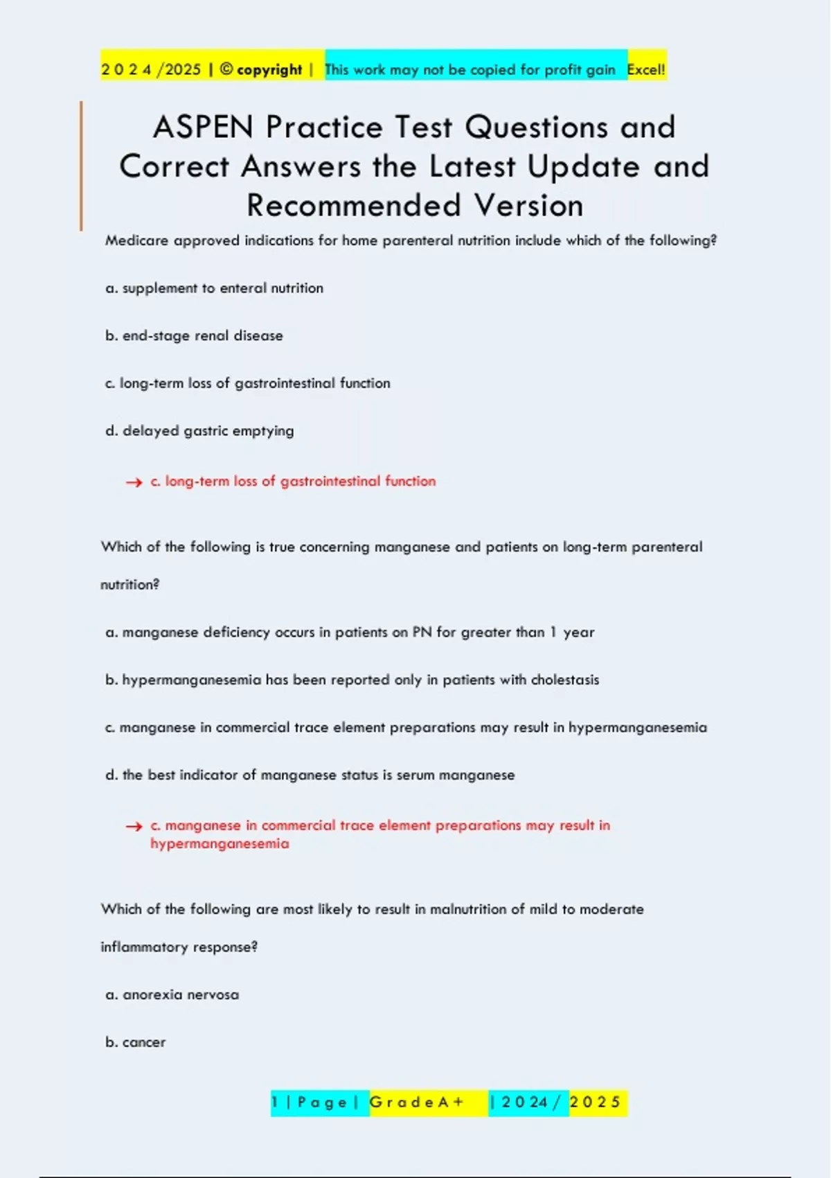 ASPEN Practice Test Questions and Correct Answers the Latest Update and ...