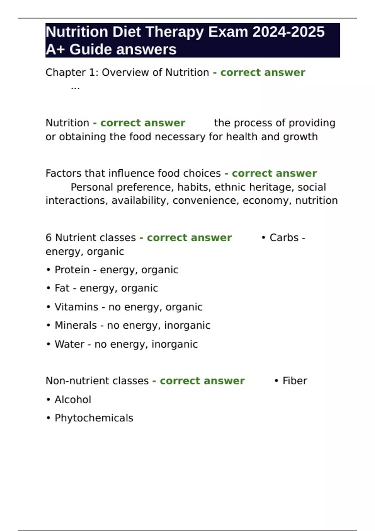 Nutrition Diet Therapy Exam A+ Guide answers - CNA - Certified Nursing ...