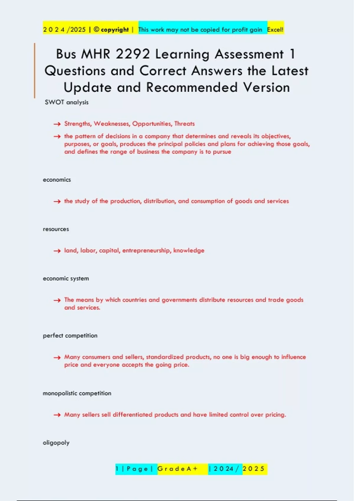 Bus MHR 2292 Learning Assessment 1 Questions and Correct Answers the ...