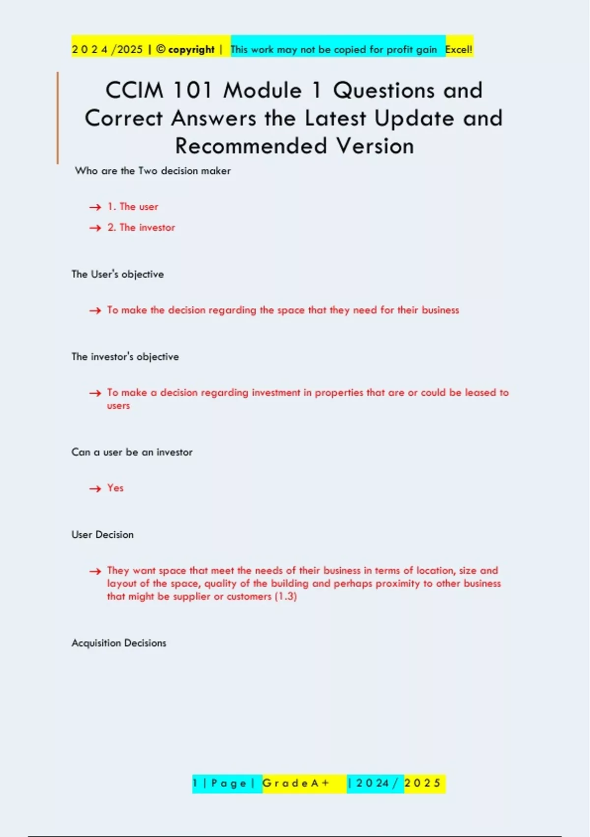 CCIM 101 Module 1 Questions and Correct Answers the Latest Update and ...